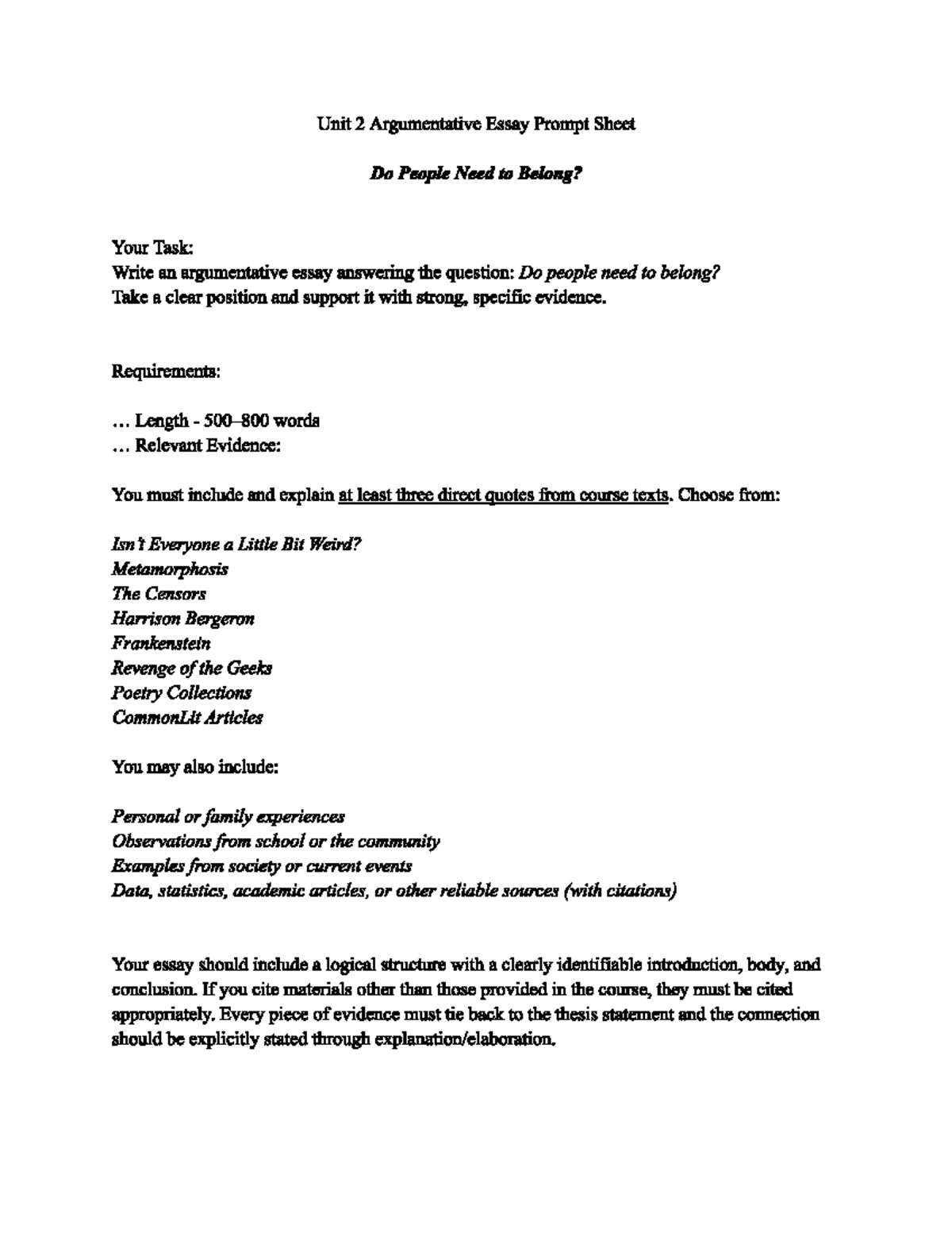 Unit 2 (Outsiders) Argumentative Essay Prompt: Do We Need to Belong ...