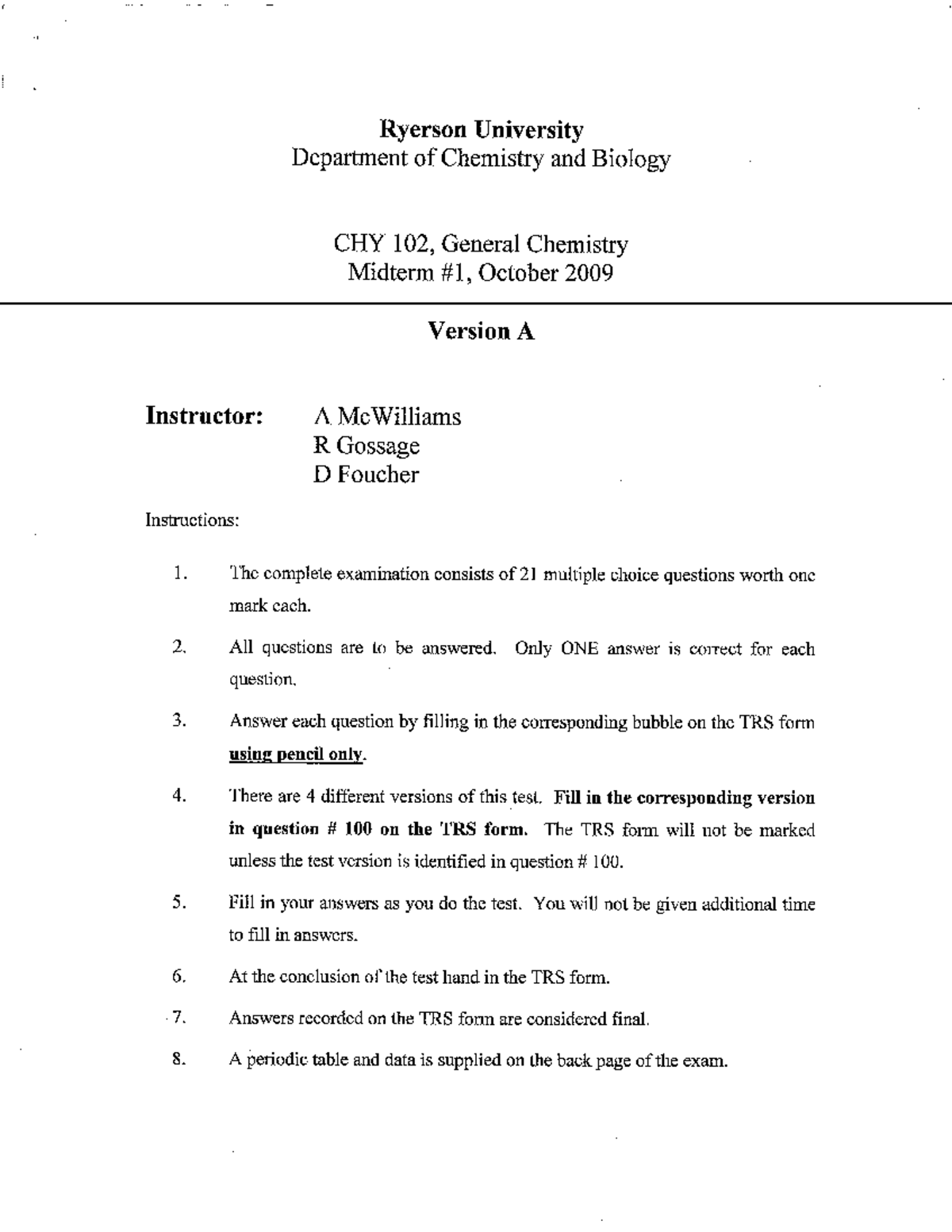 2009 CHY 102 General Chemistry Midterm Exam Version A - Studocu