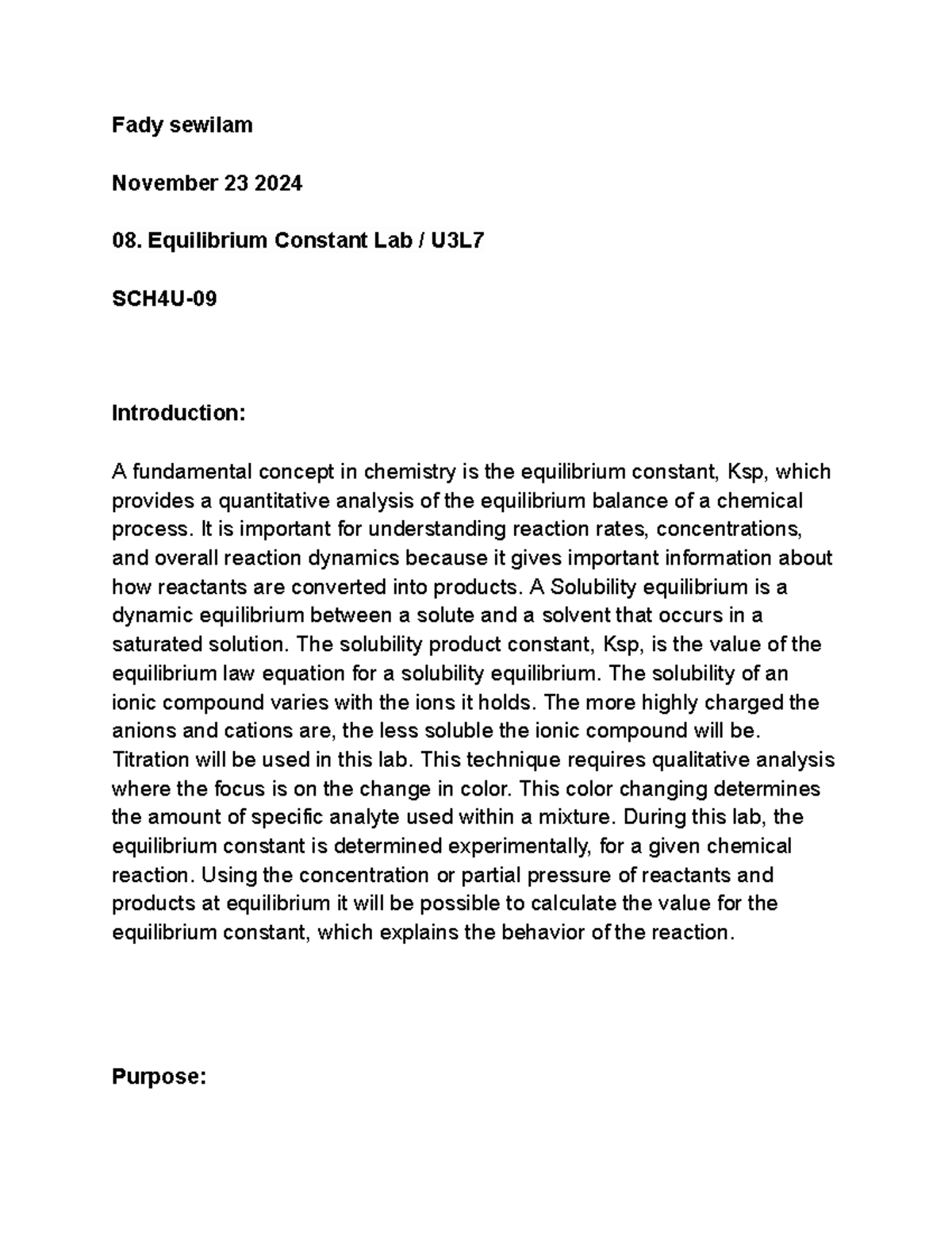 Equilibrium Constant Lab for Ca(OH)2 - SCH4U U3L - Studocu