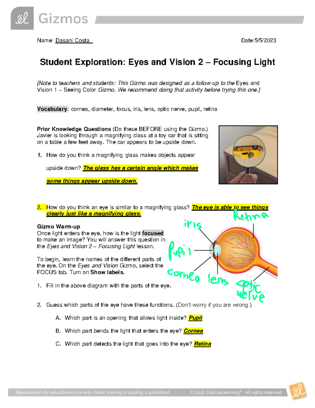 Eyes and Vision 2: Student Exploration on Focusing Light Gizmo - Studocu