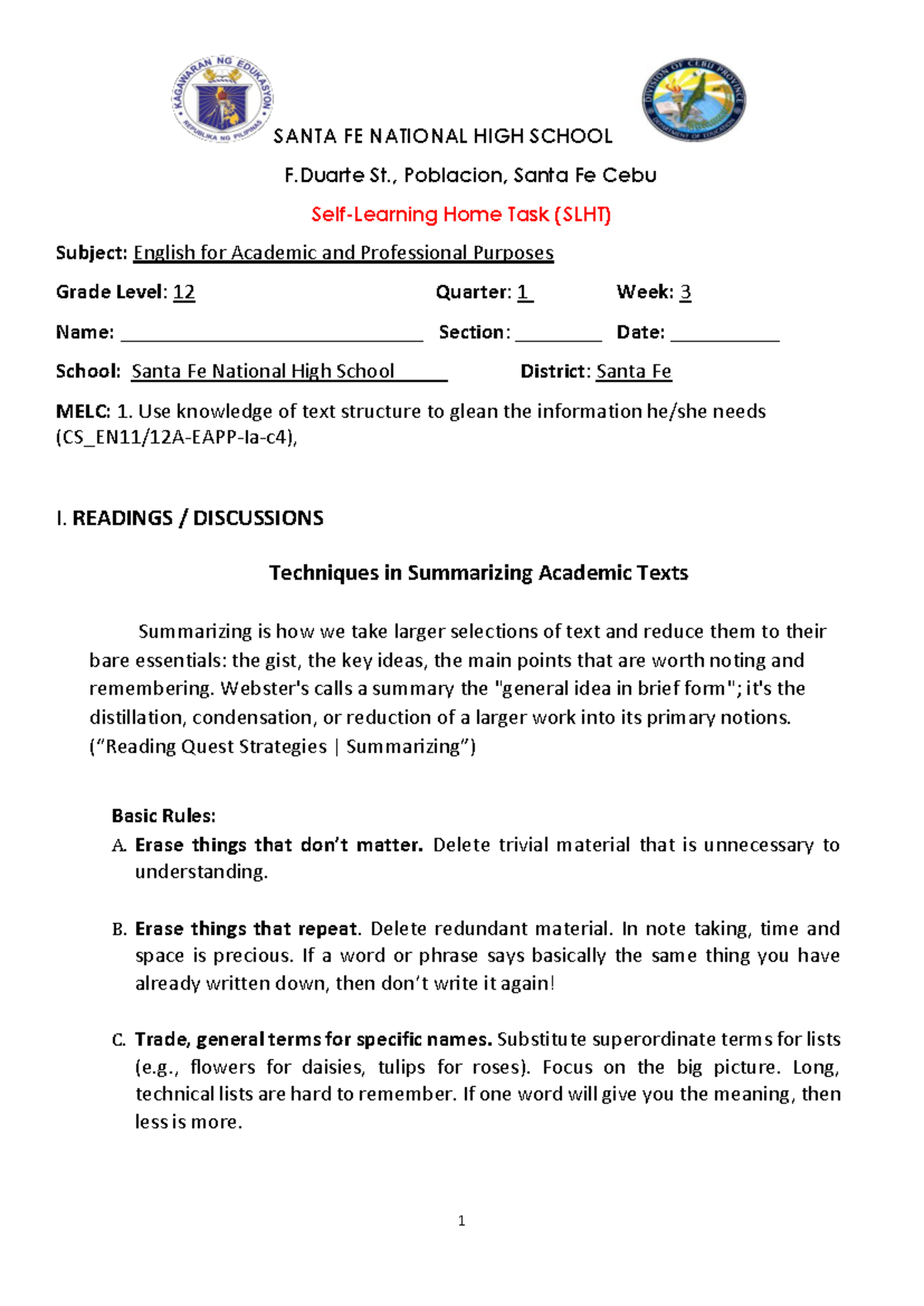 EAPP 12 Q1 W3: Techniques for Summarizing Academic Texts - Studocu