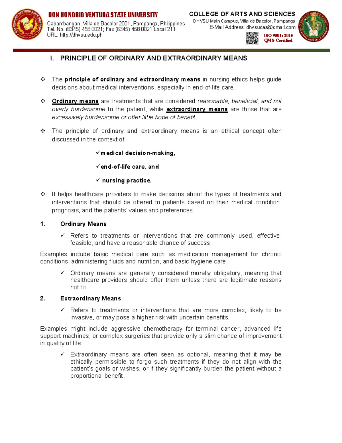 Nursing Ethics: Ordinary & Extraordinary Means (NURS 101) - Studocu