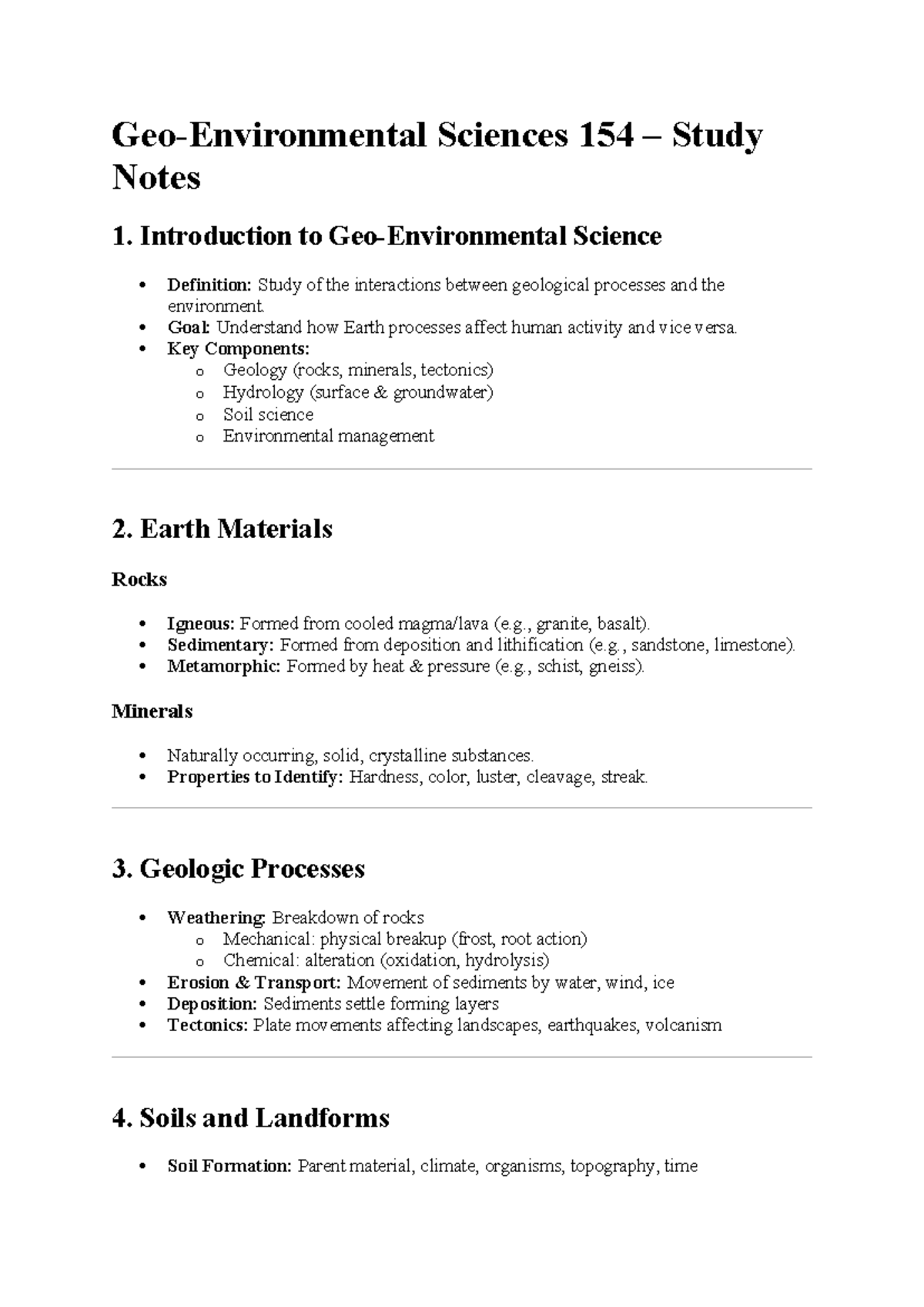Sciences 154 Study Notes: Intro to Geology & Environmental Impact - Studocu