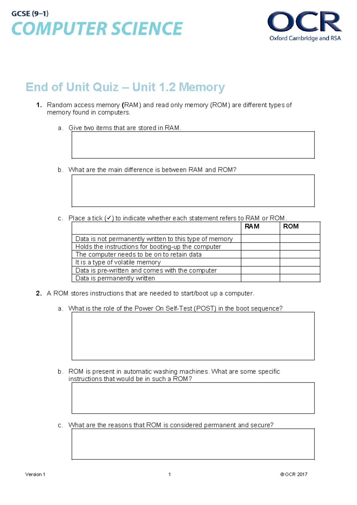 399132-1.2 Memory End of Unit Quiz: RAM, ROM, and Virtual Memory - Studocu