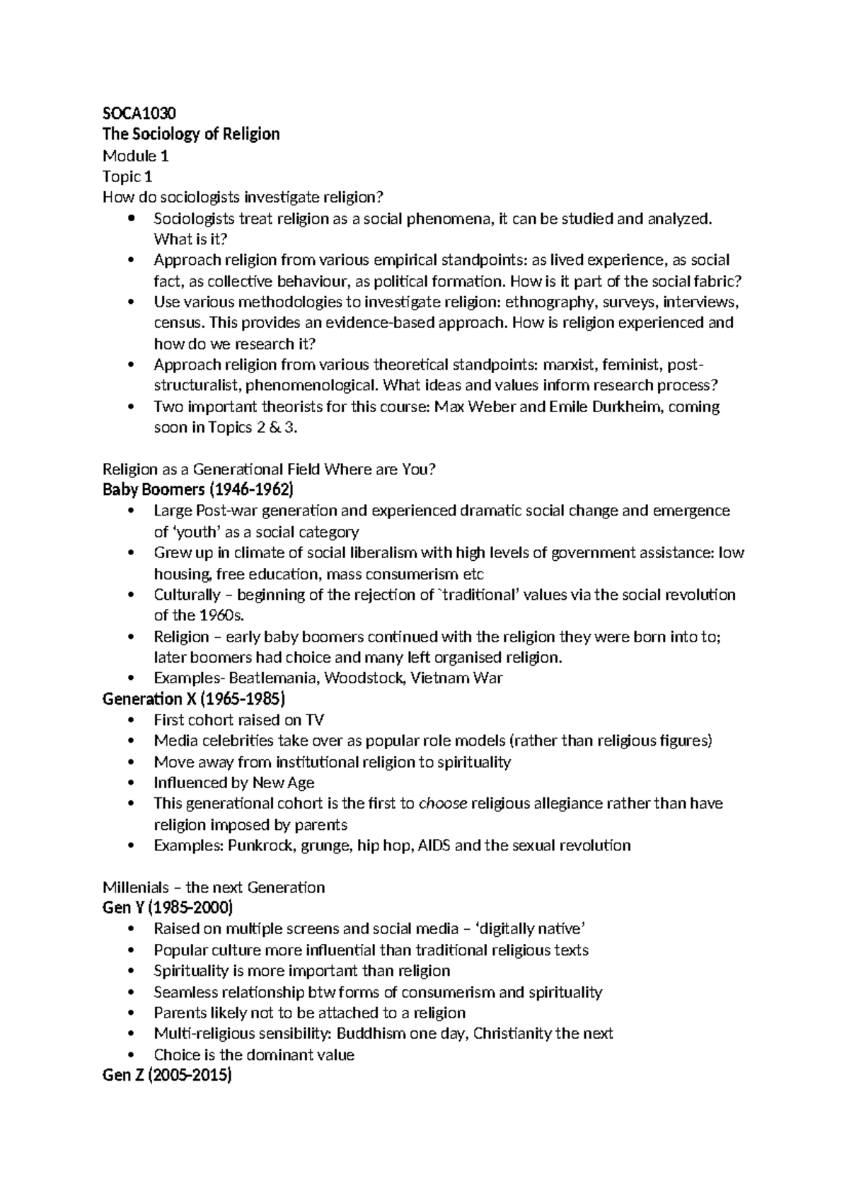 SOCA1030 Sociology of Religion: Investigating Beliefs and Practices ...