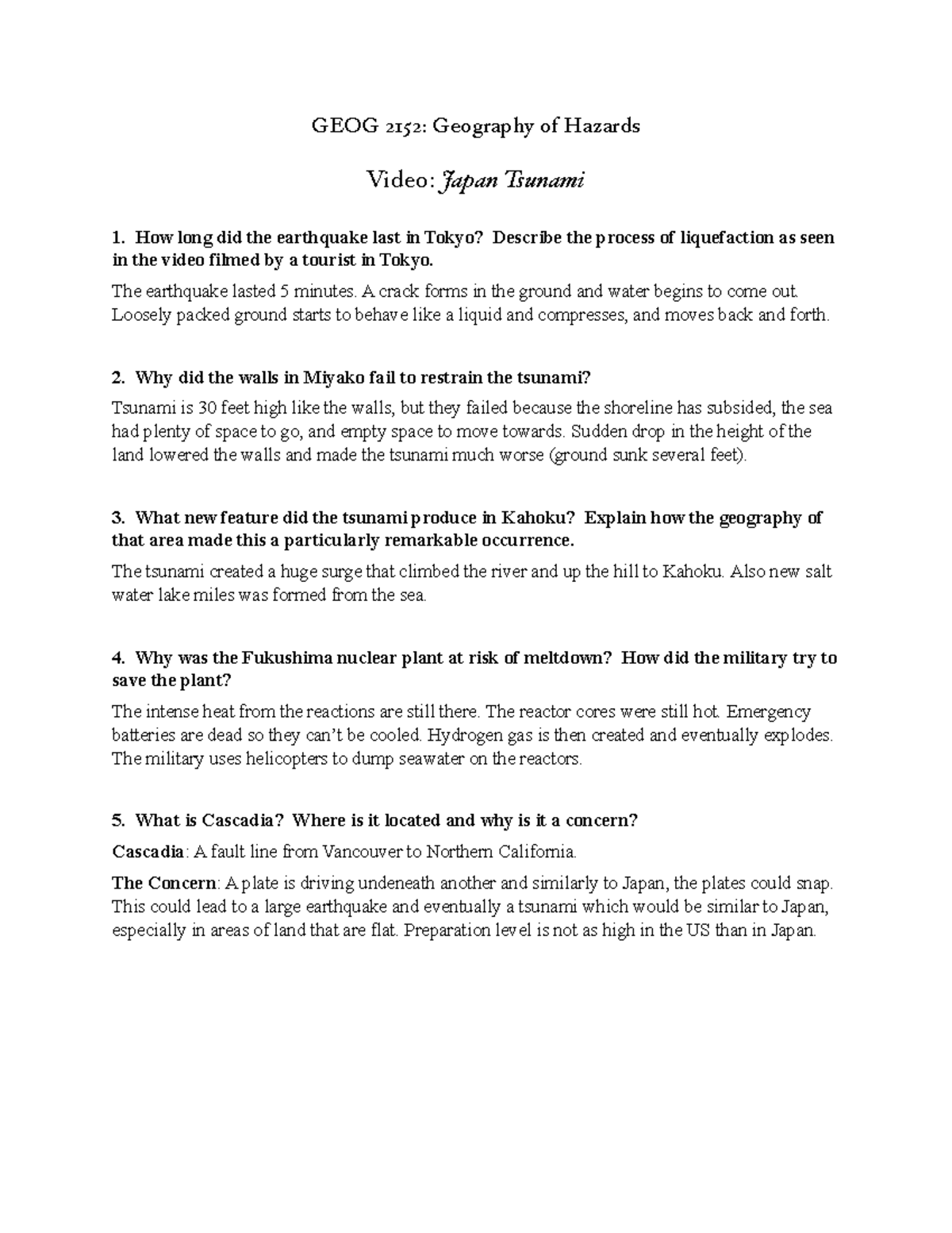 GEOG 2152 Video Questions: Analyzing the Japan Tsunami Events - Studocu