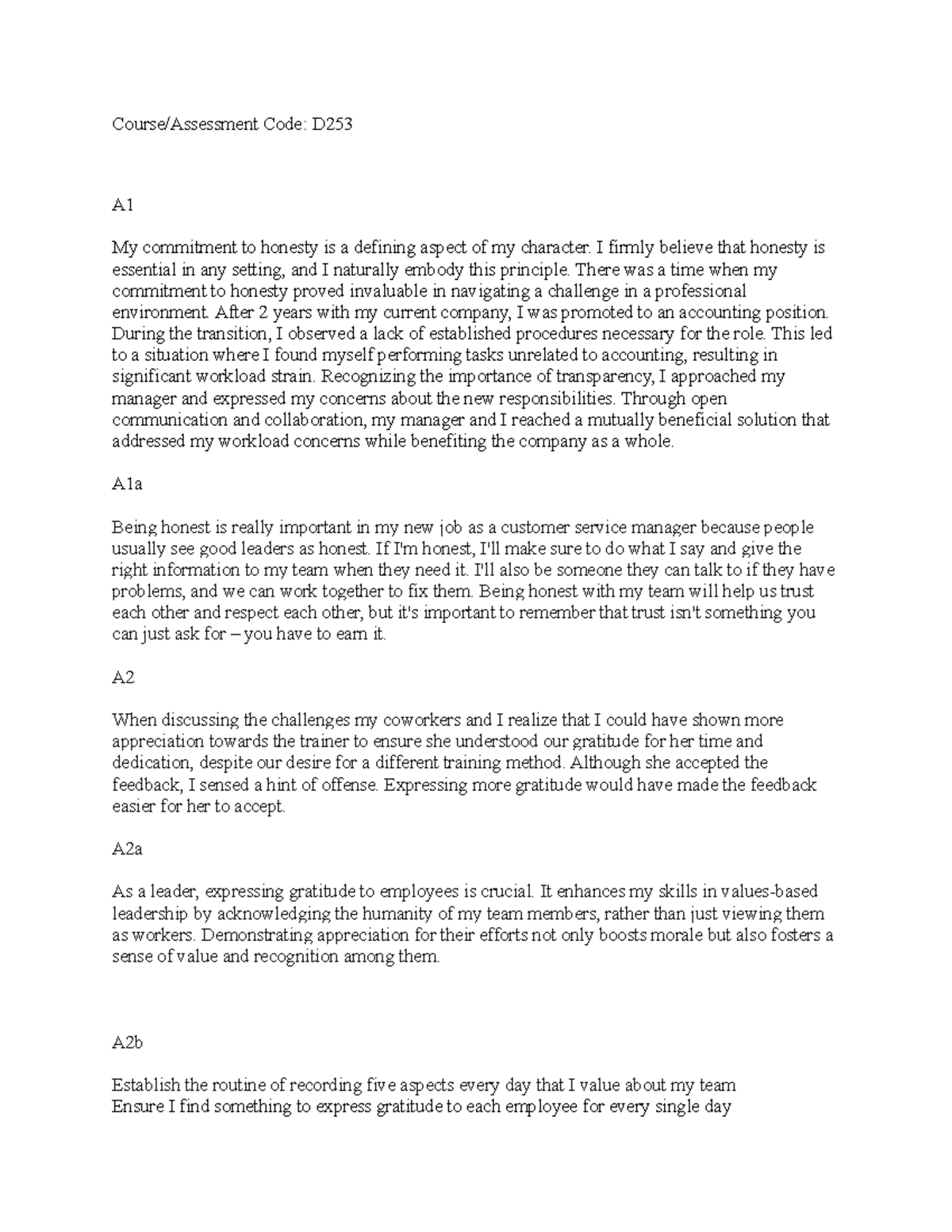 Values Based Leadership (D253) - Course/Assessment Code: D A My ...