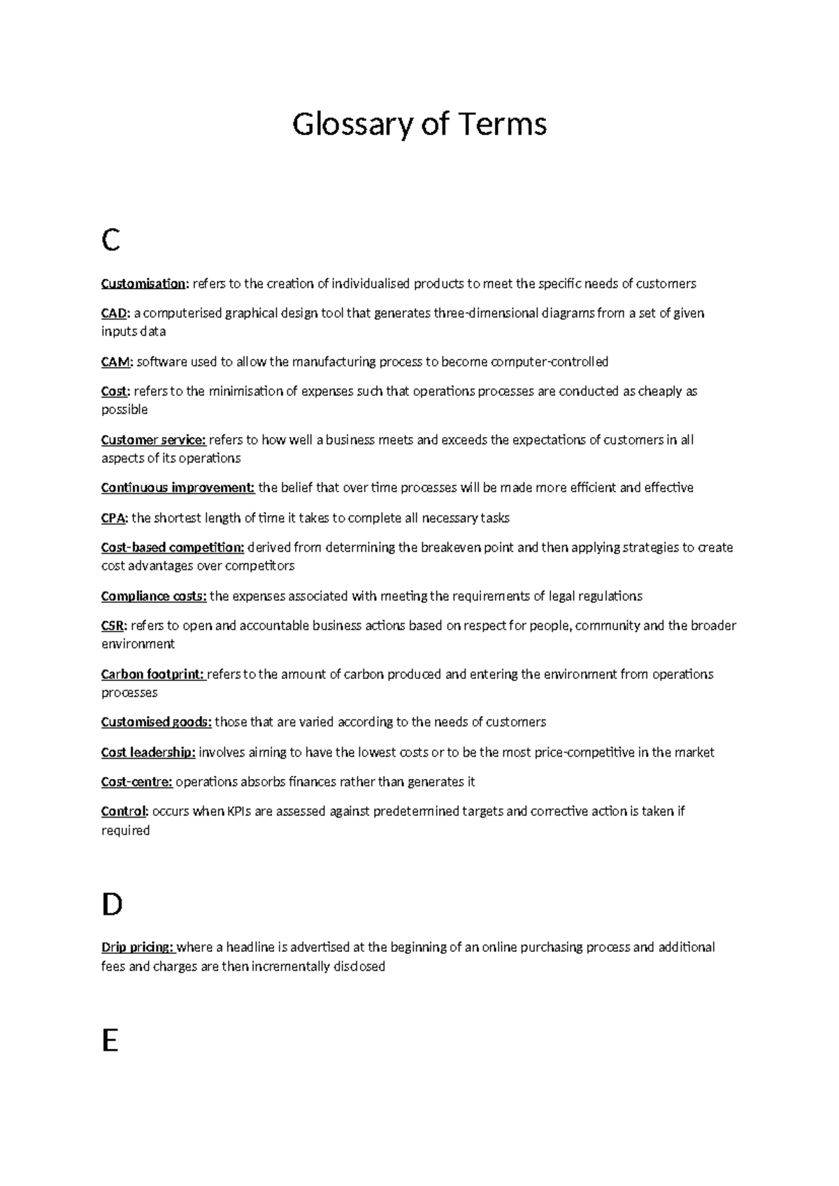 Glossary of Key Terms for Operations Management (OM 101) - Studocu