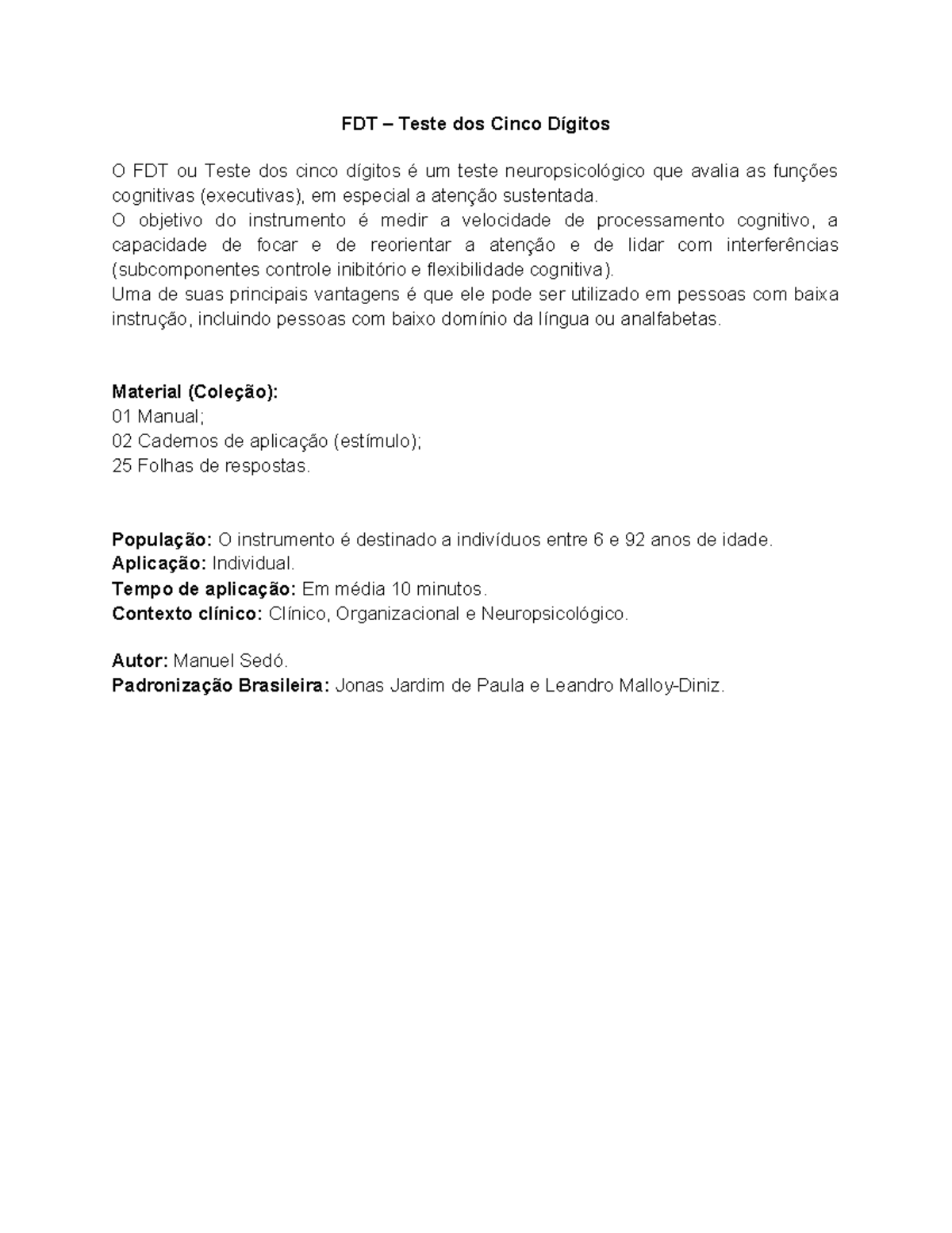 412474634 FDT Teste Neuropsicológico dos Cinco Dígitos - Studocu