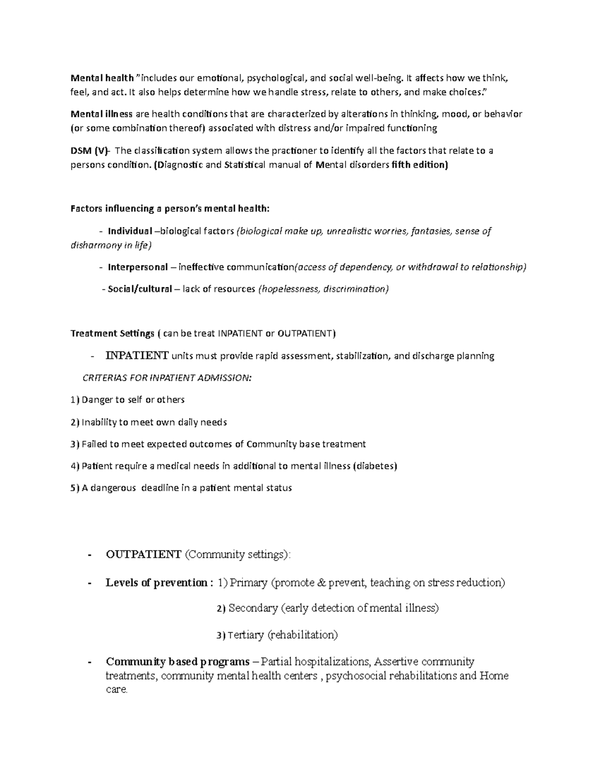 Mental Health Overview - Lecture Notes 1 & 2 (PSY 101) - Studocu