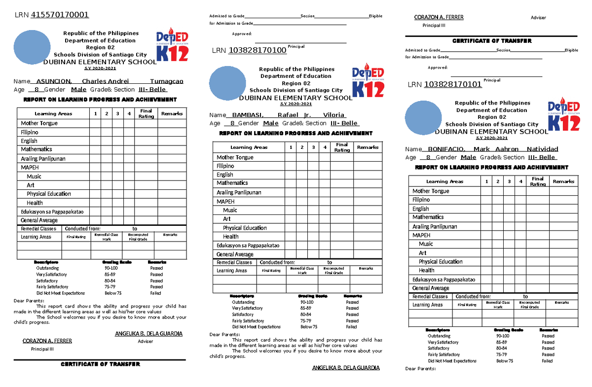 Report-CARD-2020 - TEACHERS 2020 PROGRESS DEPED REPORT CARD/FORM 138 ...