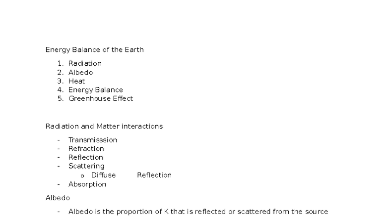 Energy Balance of the Earth: Radiation, Albedo, and Heat Concepts - Studocu
