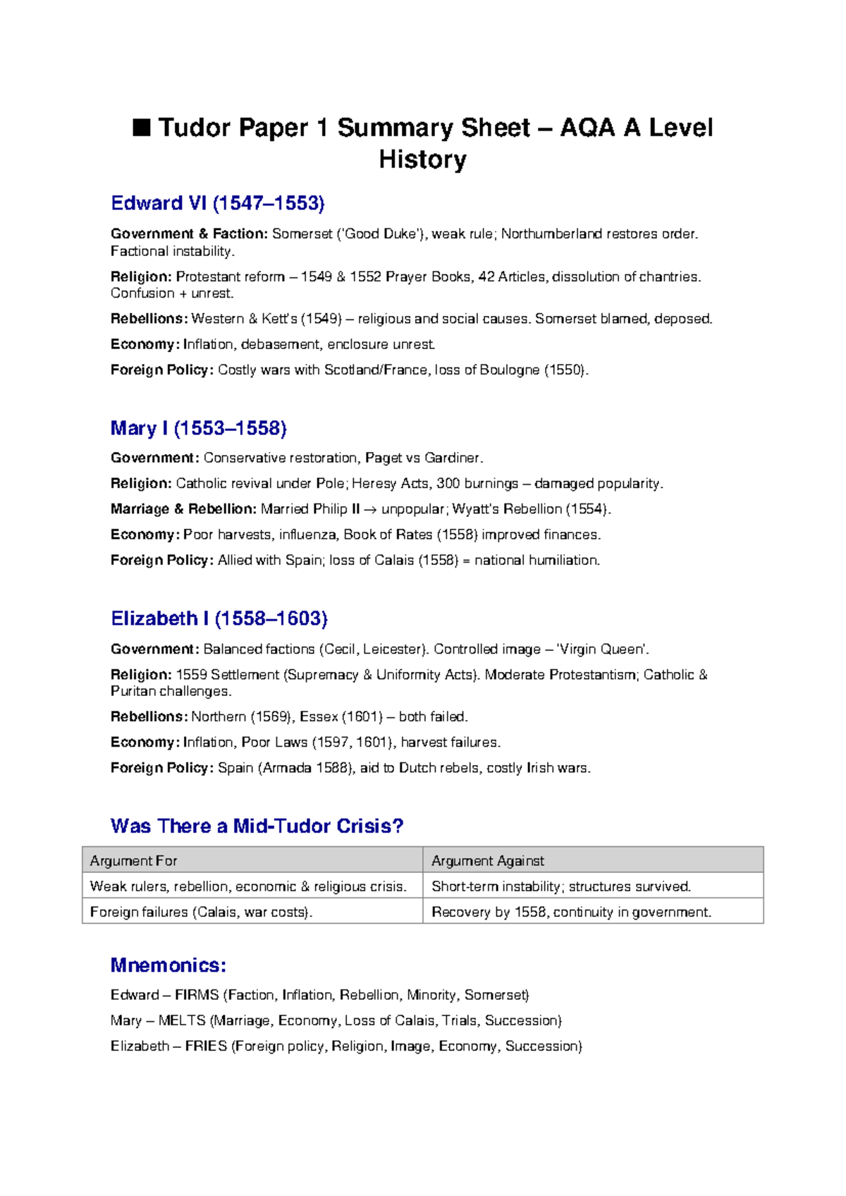 Tudor Paper 1 Summary: AQA A Level History Overview of Edward VI to ...