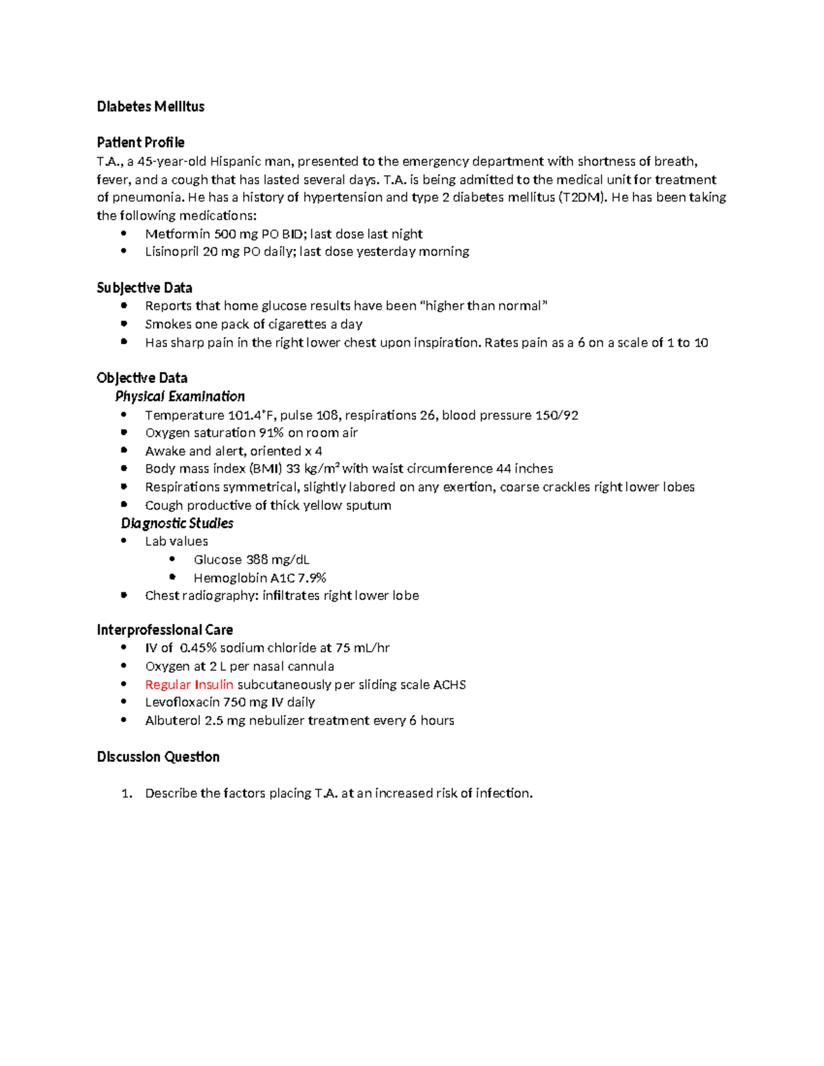 Diabetes Mellitus Case Study: T.A.'s Patient Profile and Risks - Studocu