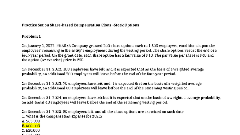 Practice Set on Share-Based Compensation Plans (FIN 101) - Studocu