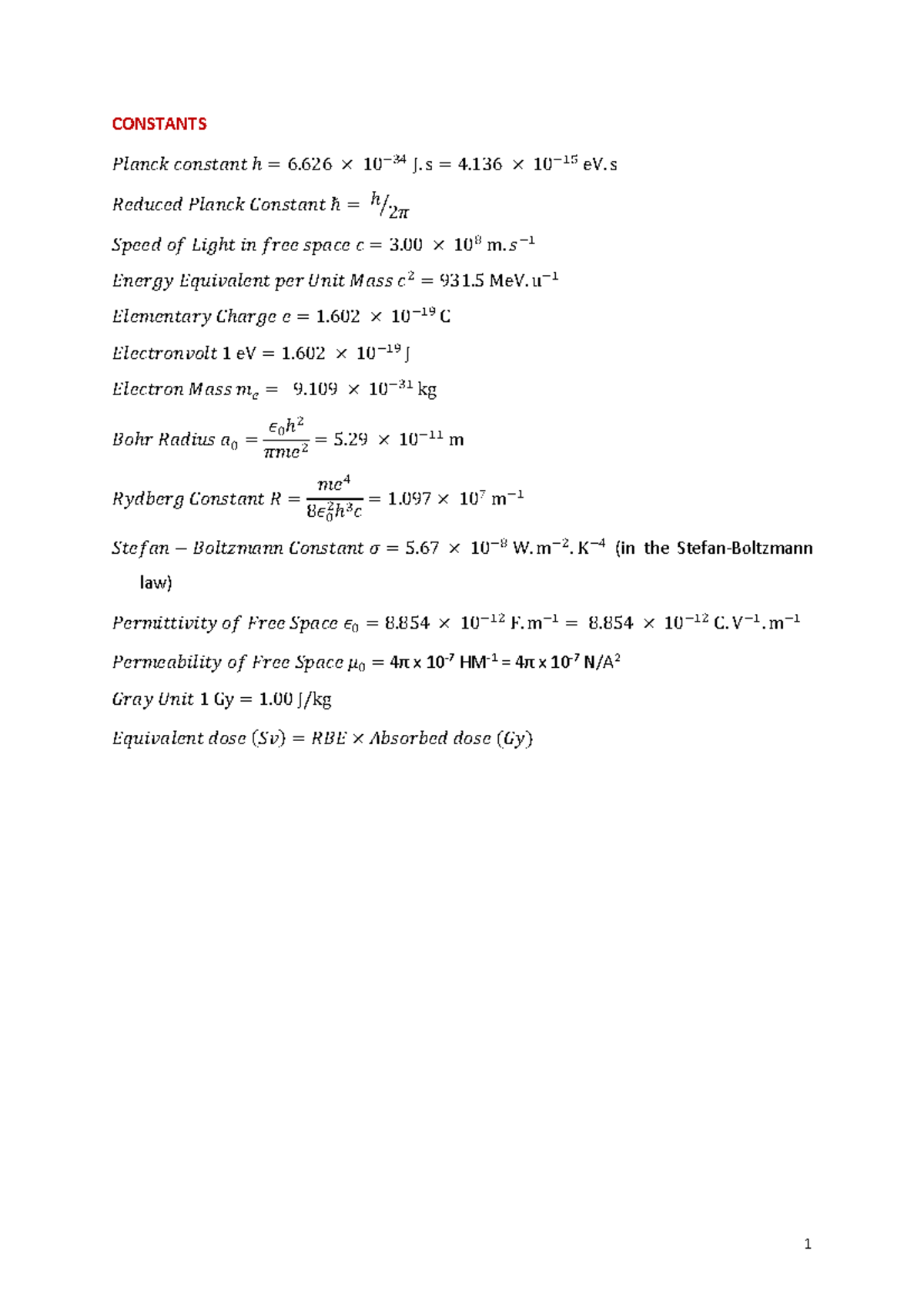 Final Constants and Formula Sheet for Physics 101 - Studocu