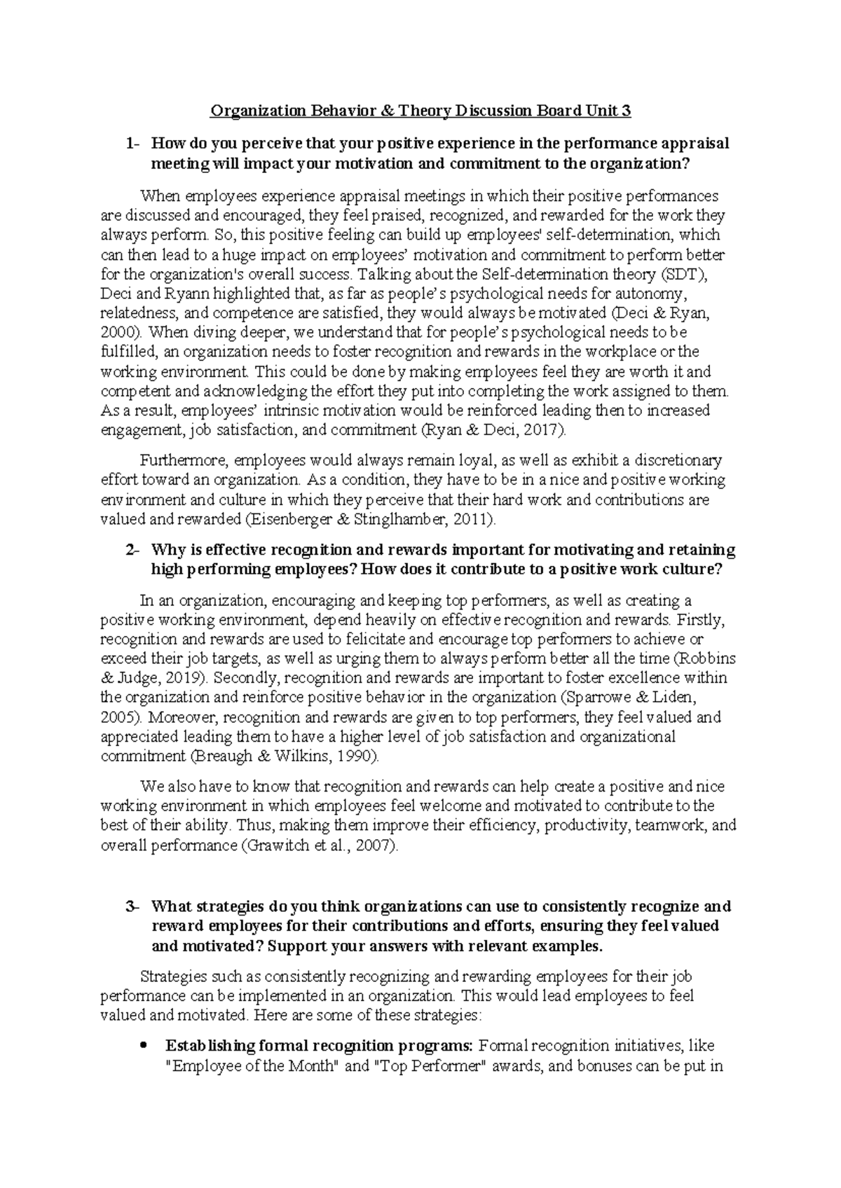 Organization Behavior Discussion Board UNIT 3 - Organization Behavior ...