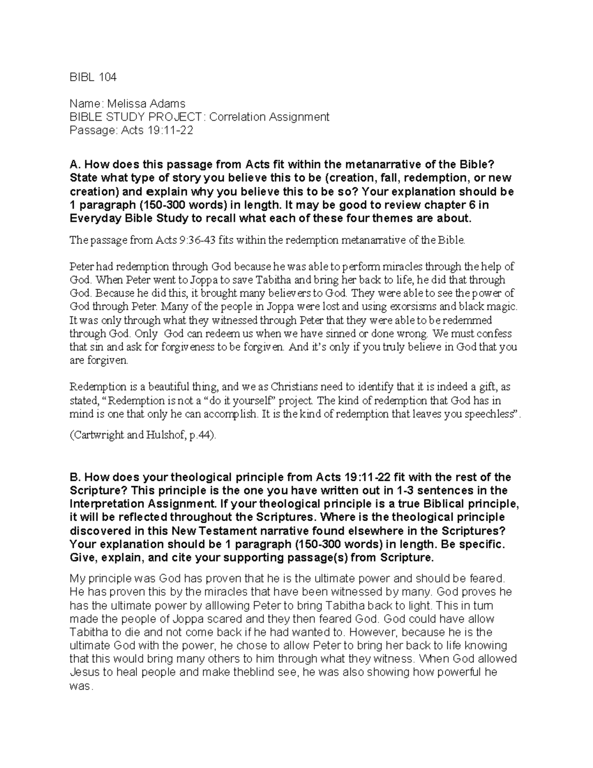 BIBL 104: Bible Study Project - Correlation Assignment on Redemption ...
