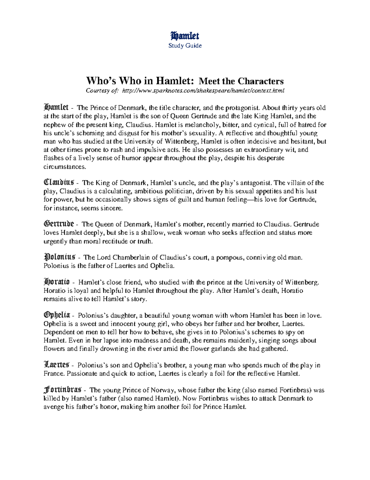 Hawaii Theatre Student Matinee Series: Hamlet Character Study Guide ...