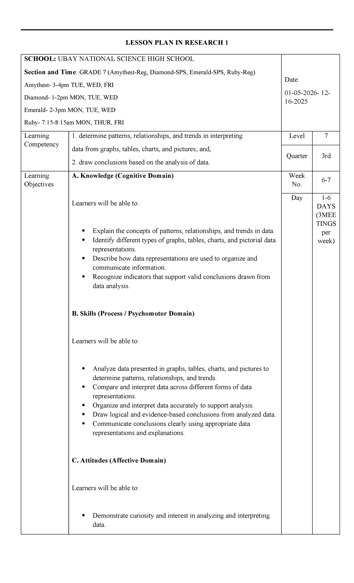 LP Research 1 W2: Lesson Plan on Analyzing Data Patterns and Trends ...
