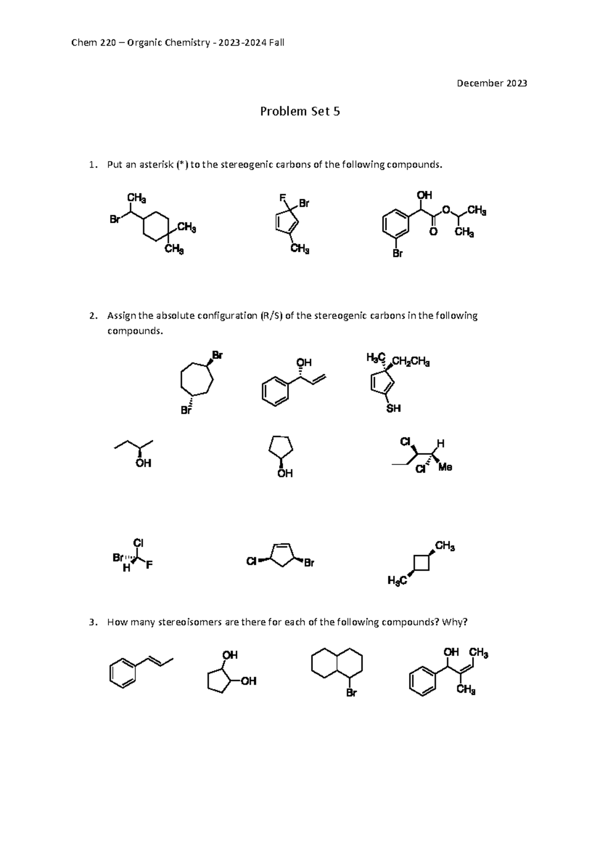 Chem 220 Organic Chemistry Fall 2023 Problem Set 5: Stereochemistry ...