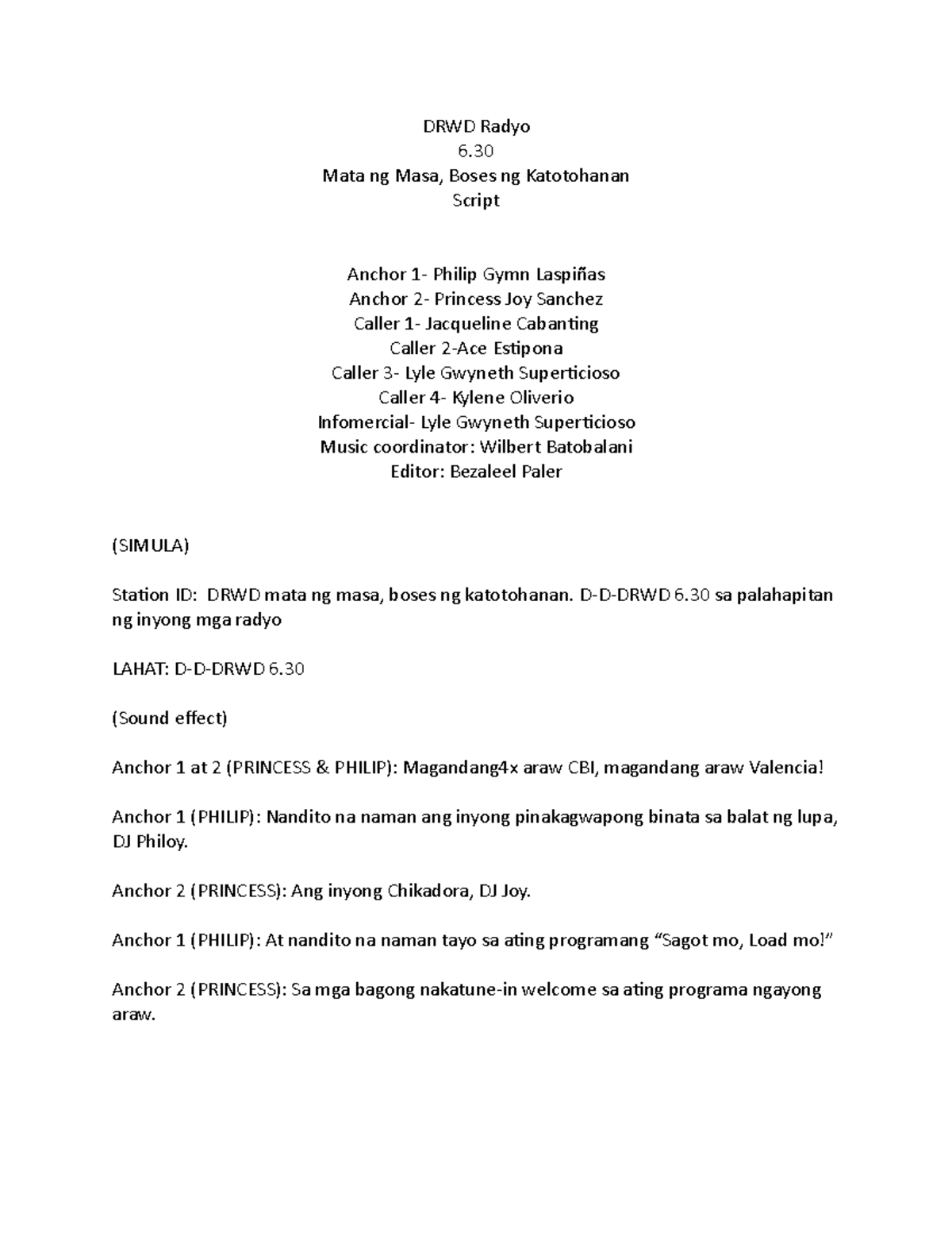 Radio-broadcasting Script Sample - DRWD Program "Sagot Mo, Load Mo ...