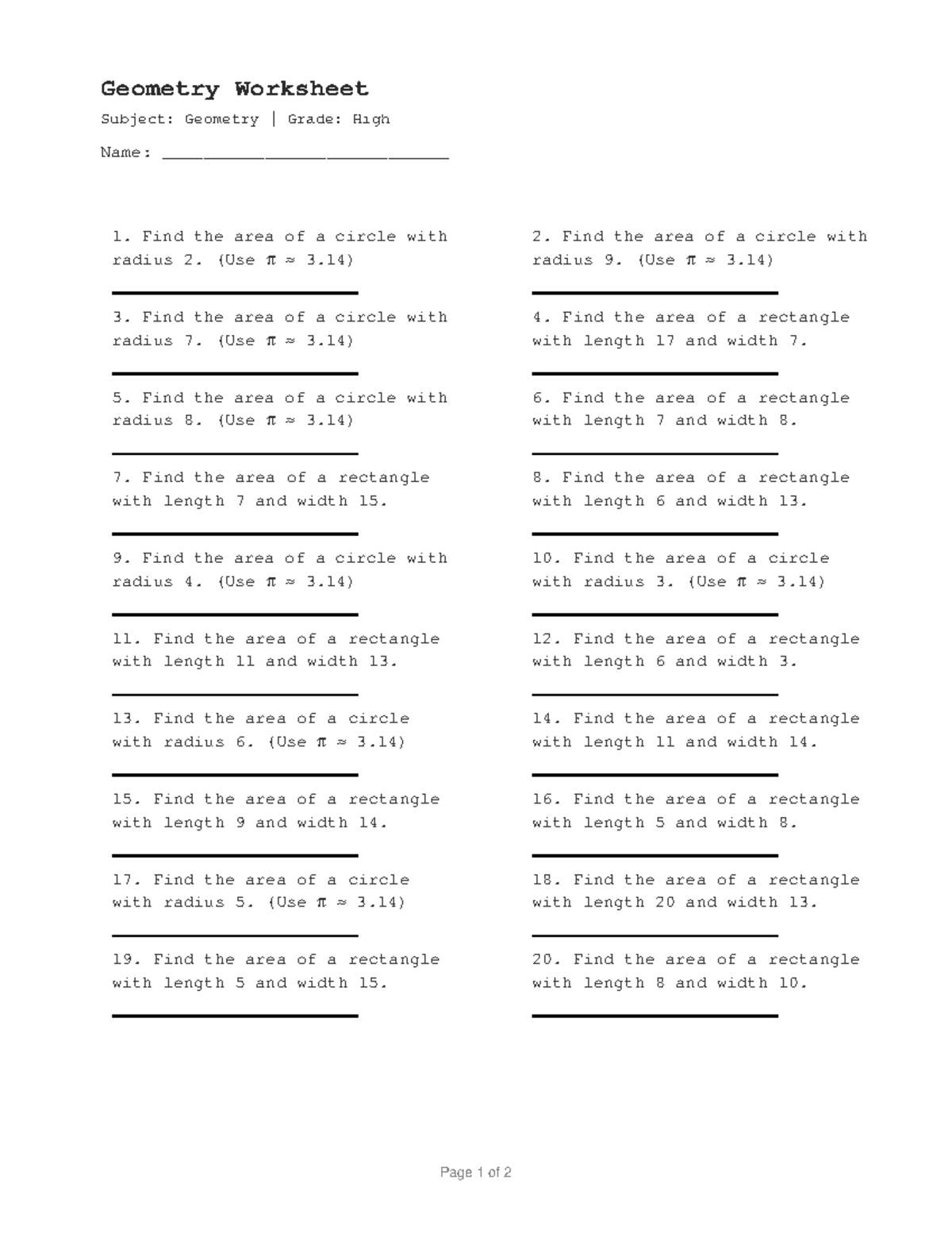 Geometry Worksheet 5: Area Calculations and Word Problems - Studocu