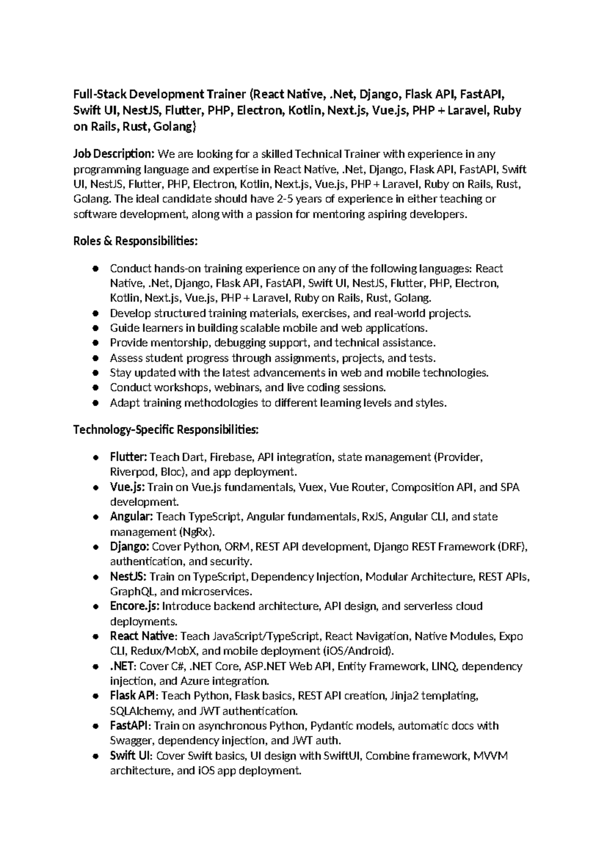 JD - Full-Stack Development Trainer (React Native, .Net, Django, etc.) - Studocu