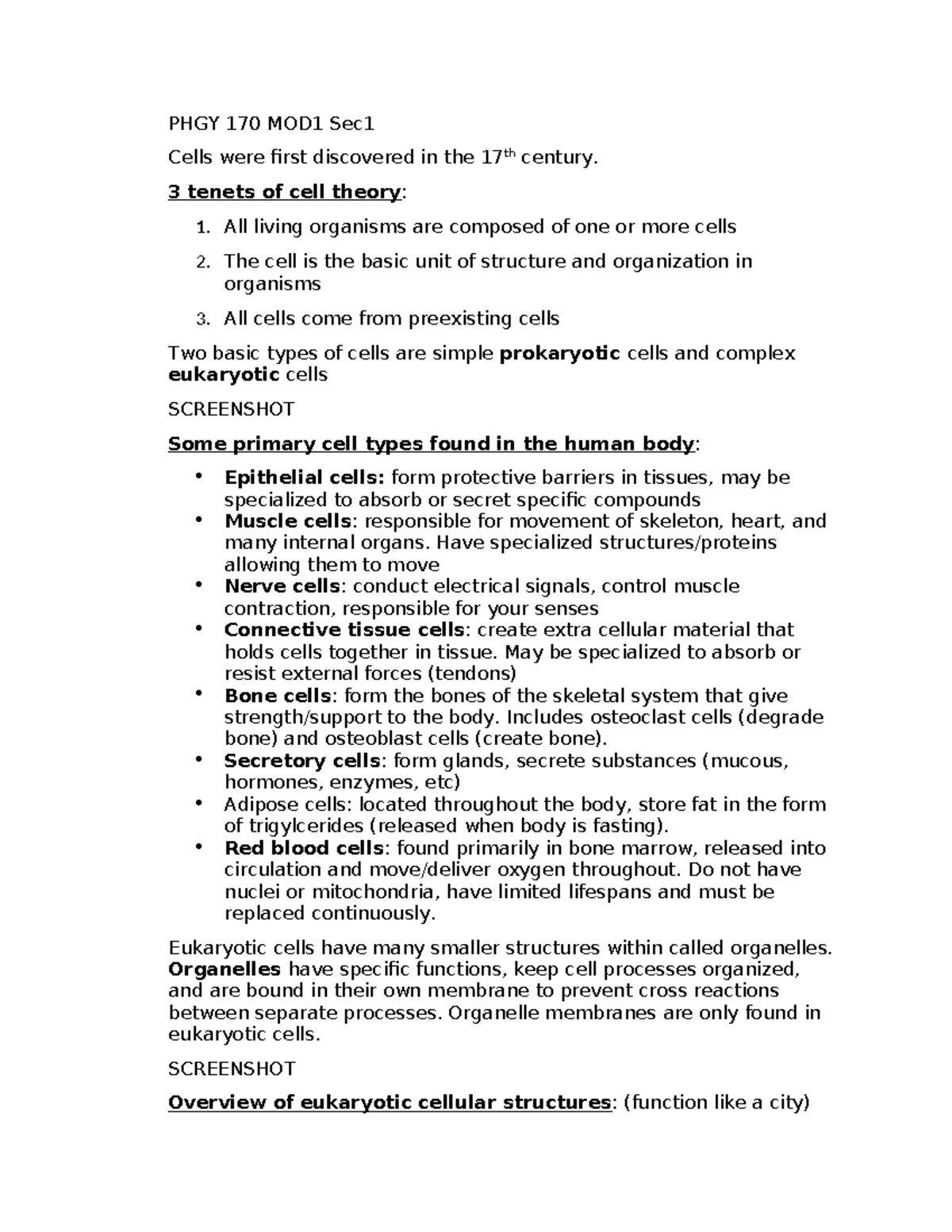 PHGY 170 MOD1 Sec1: Overview of Cell Theory & Types - Studocu