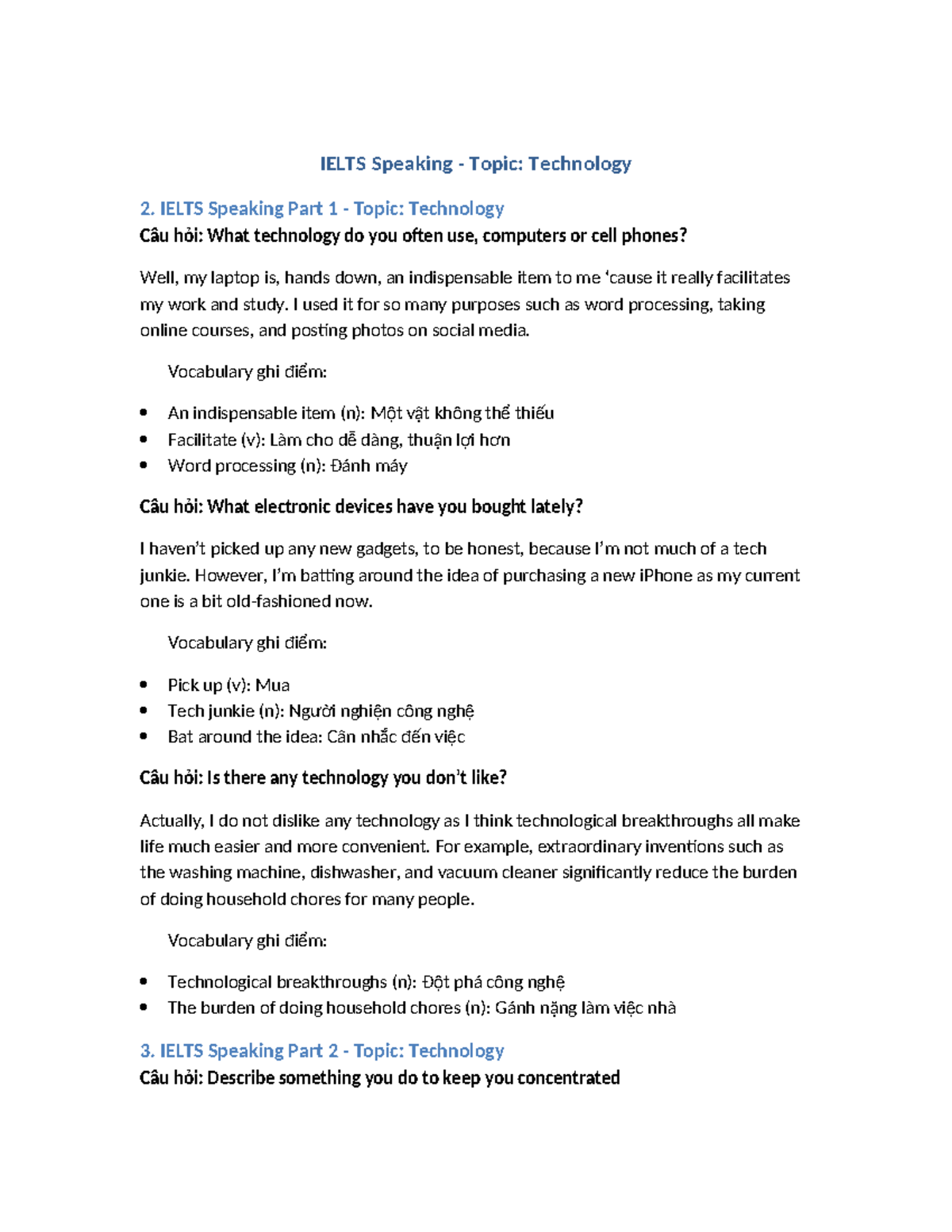 IELTS Speaking - Technology Insights & Vocabulary Tables - Studocu