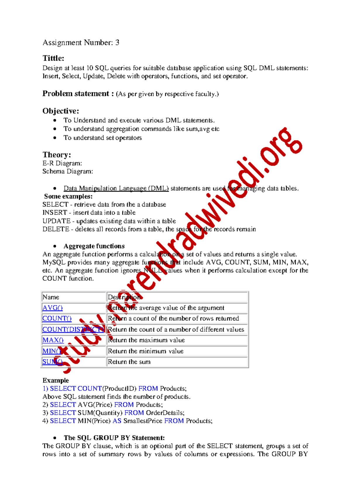 DBMS Assignment 3: SQL DML Queries and Functions Guide - Studocu