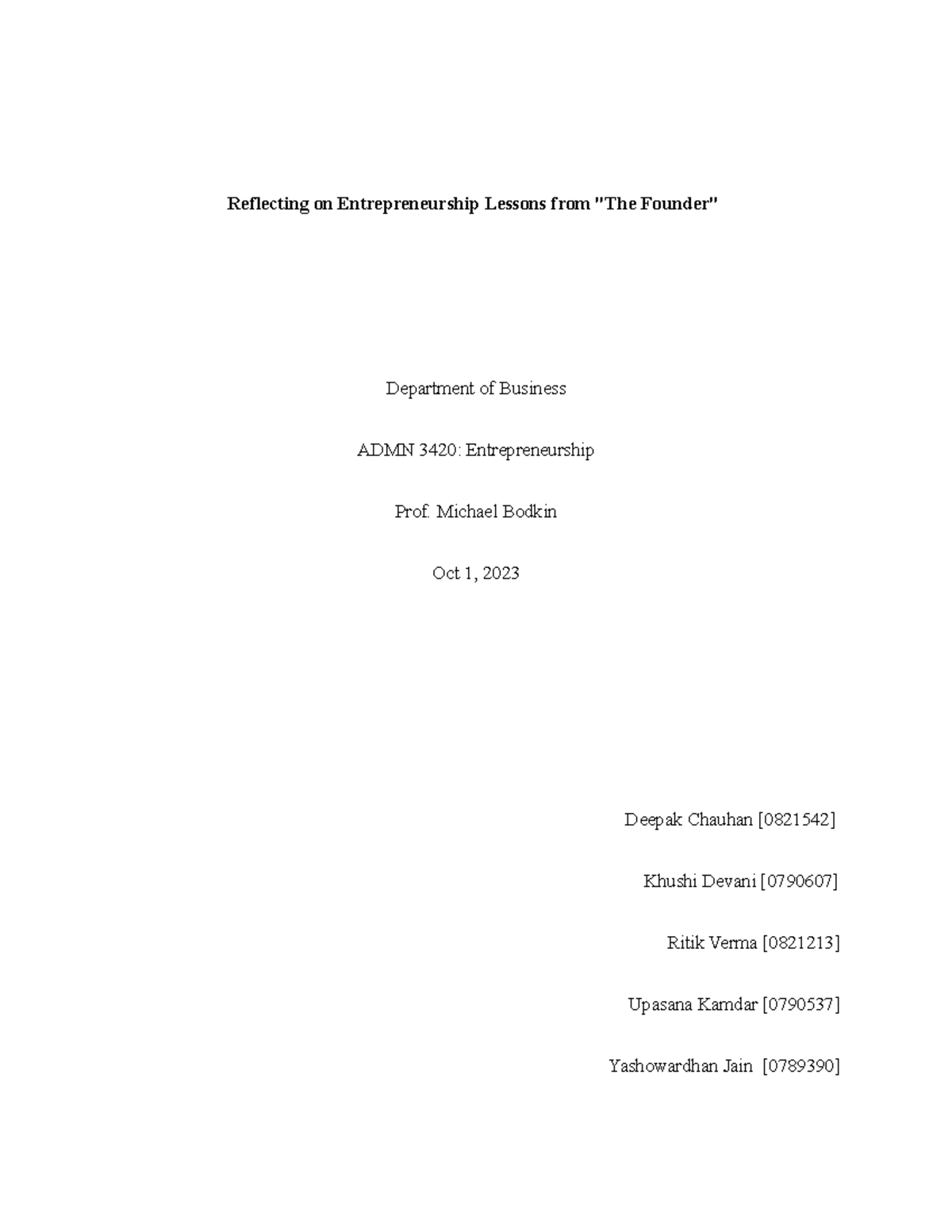 ADMN 3420 - Reflection Paper on Entrepreneurship Lessons from "The ...