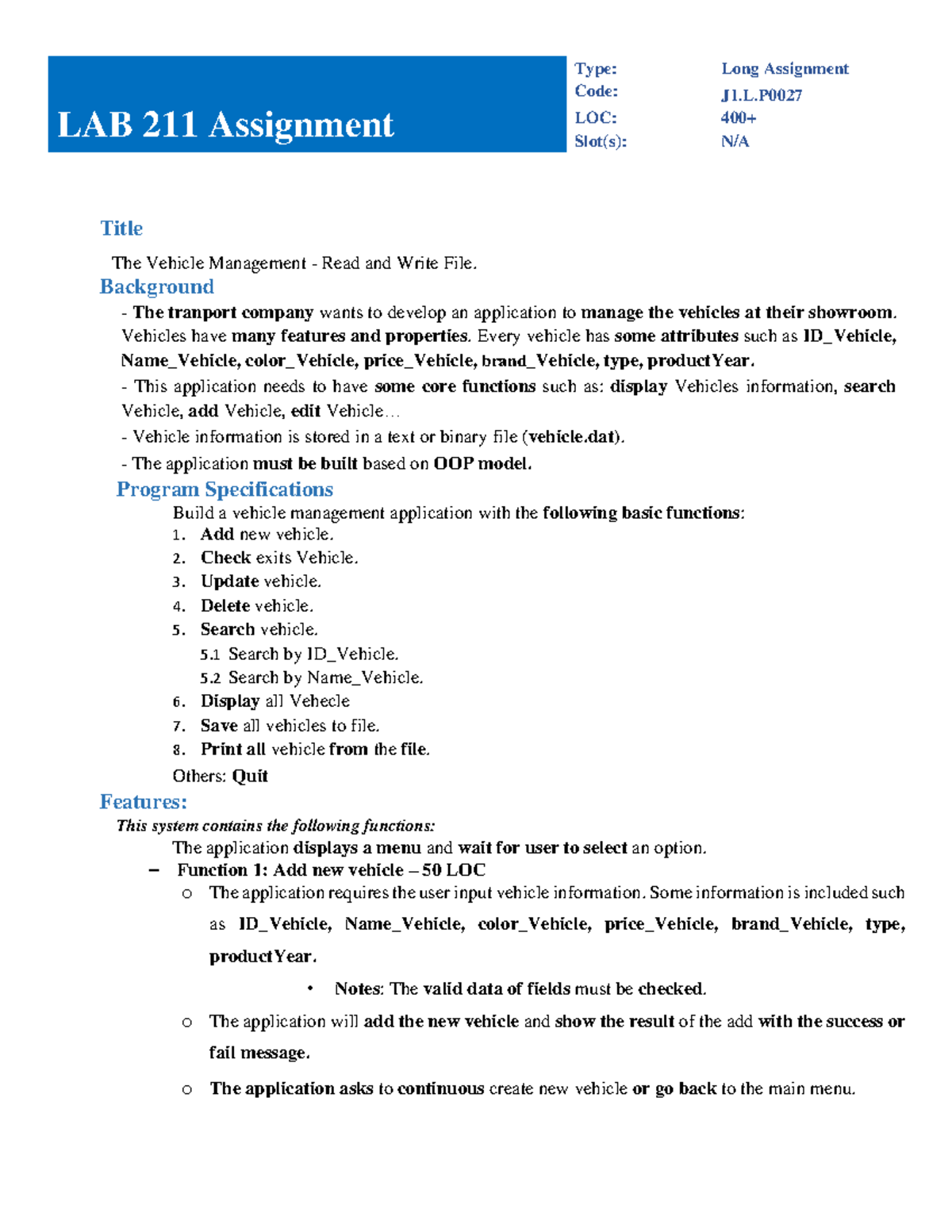 J1.L.P - Long Assignment on Vehicle Management System - 400 - Studocu