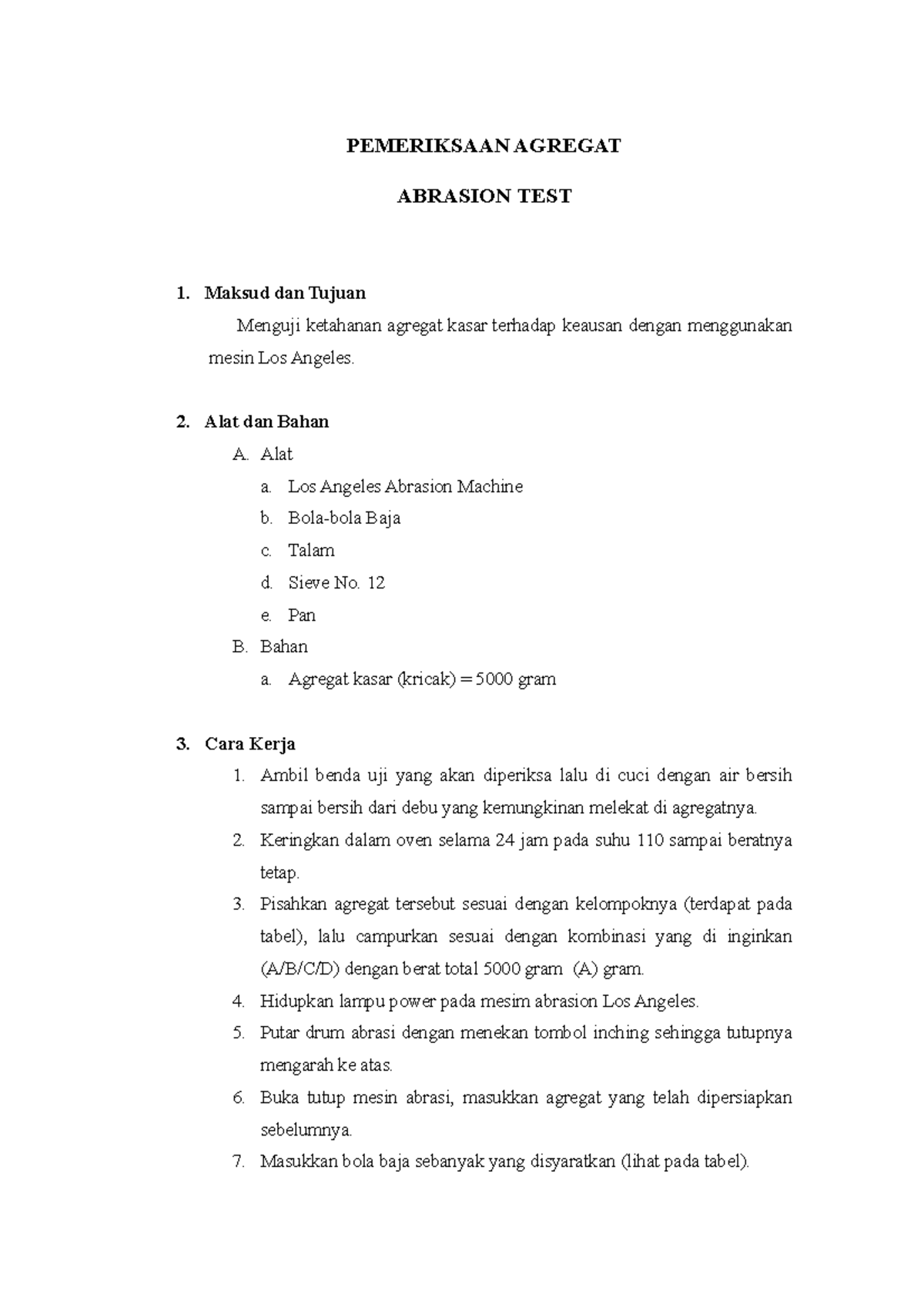 Laporan Praktikum: Uji Abrasi Agregat dengan Mesin Los Angeles - Studocu