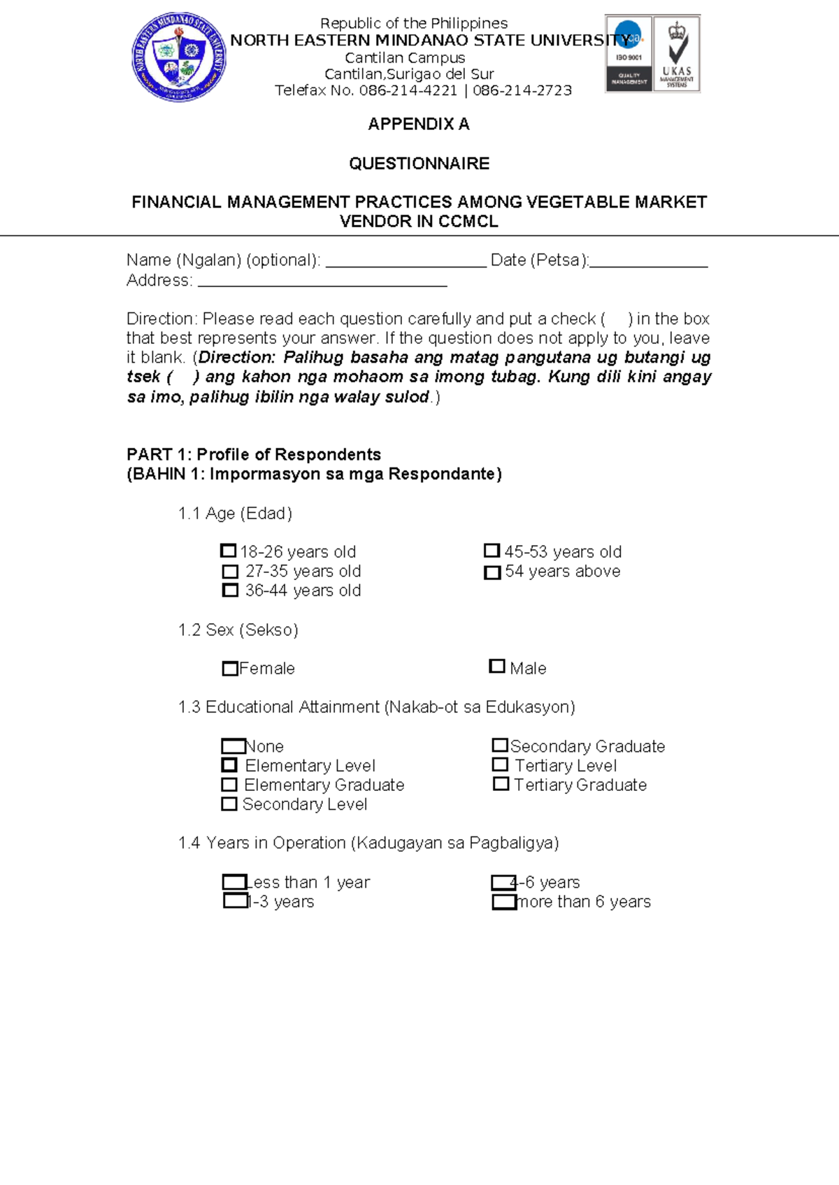 Financial Management Practices Questionnaire for Vegetable Vendors ...