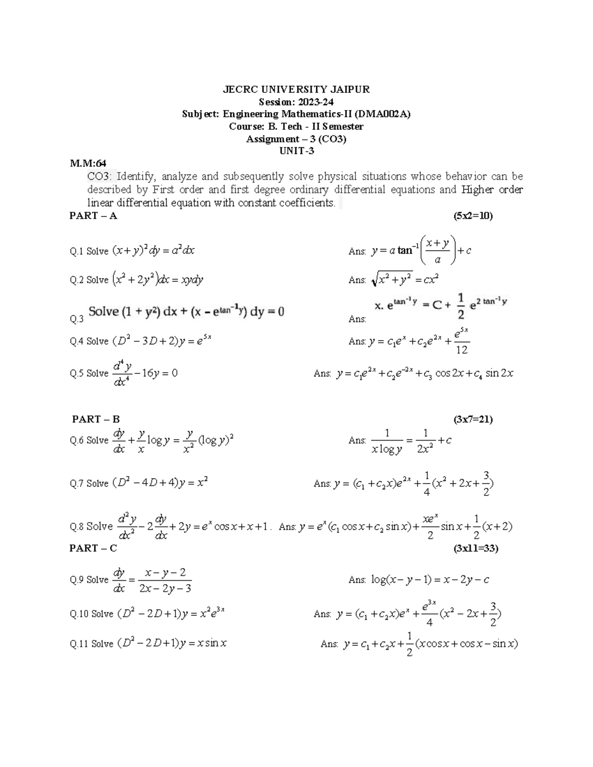 Assignment 3 - Engineering Mathematics-II (DMA002A) Solutions - Studocu