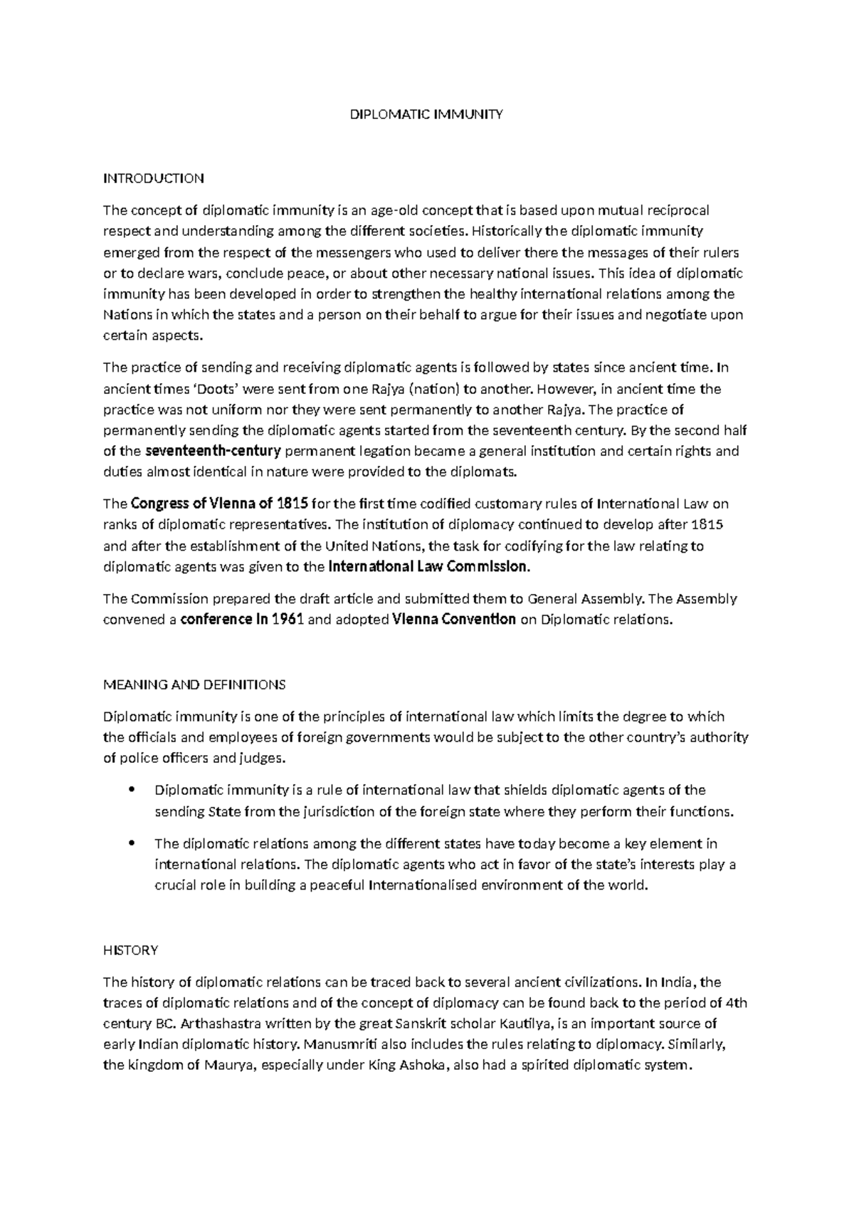 Diplomatic Immunity - DIPLOMATIC IMMUNITY INTRODUCTION The concept of ...