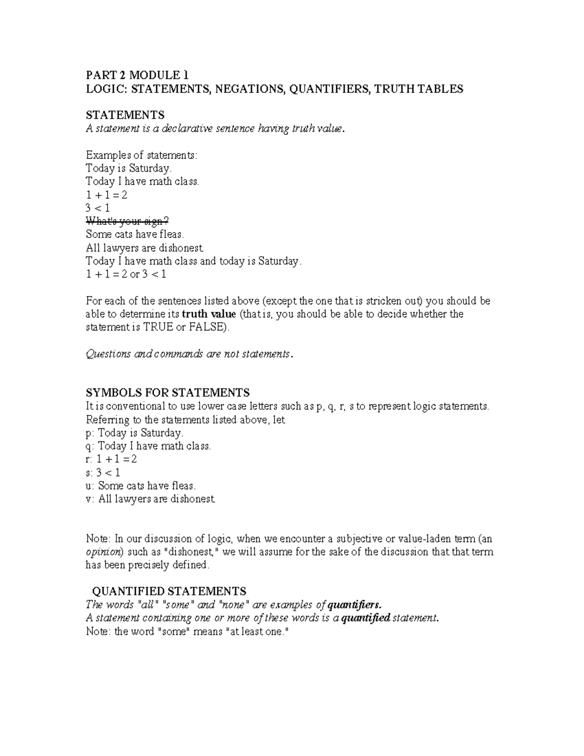 Module 1 - Logic: Statements, Negations, Quantifiers, Truth Tables ...