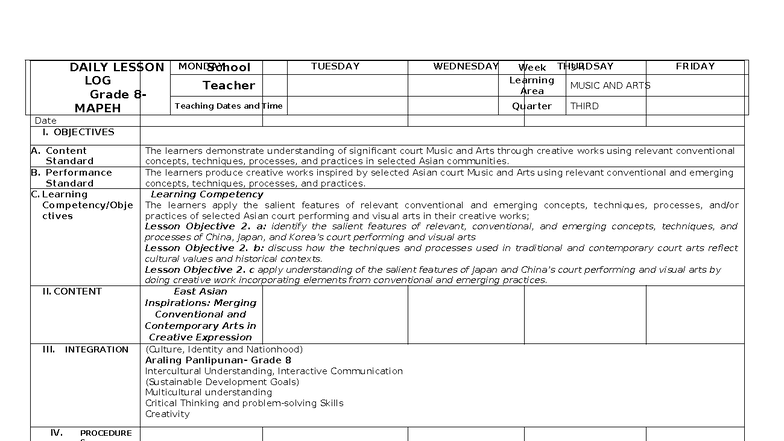 DLL MA WEEK 3-4: Grade 8 MAPEH Music and Arts Lesson Plans - Studocu