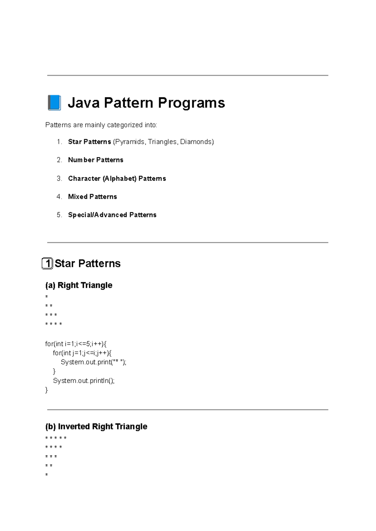 Java Pattern Programs: Star, Number & Alphabet Patterns - Studocu