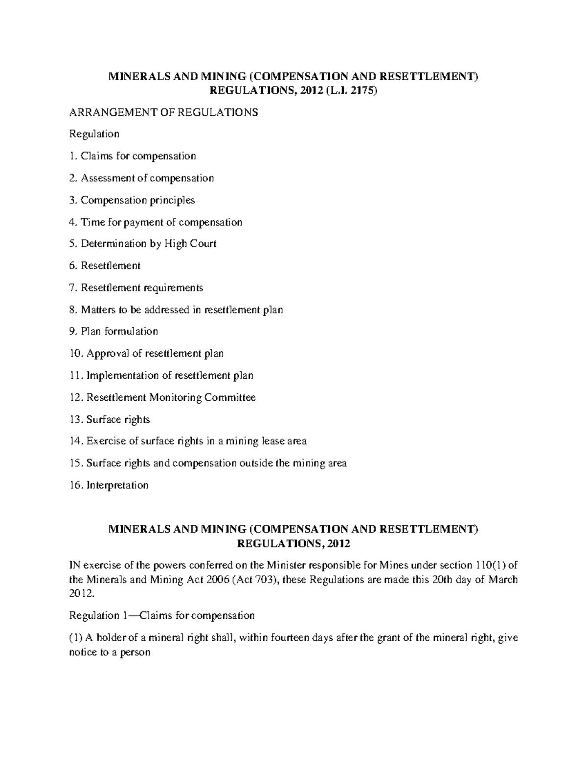 Minerals & Mining (Compensation & Resettlement) Regs 2012 (L.I. 2175) - Studocu