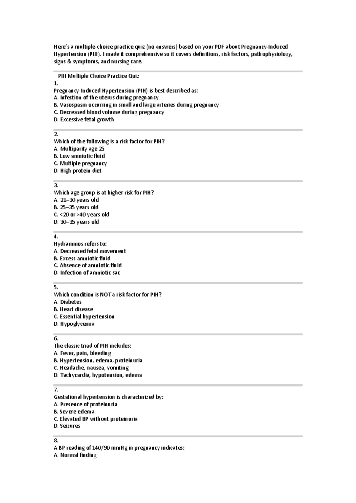 PIH Multiple Choice Practice Quiz: 50 Questions on Hypertension - Studocu