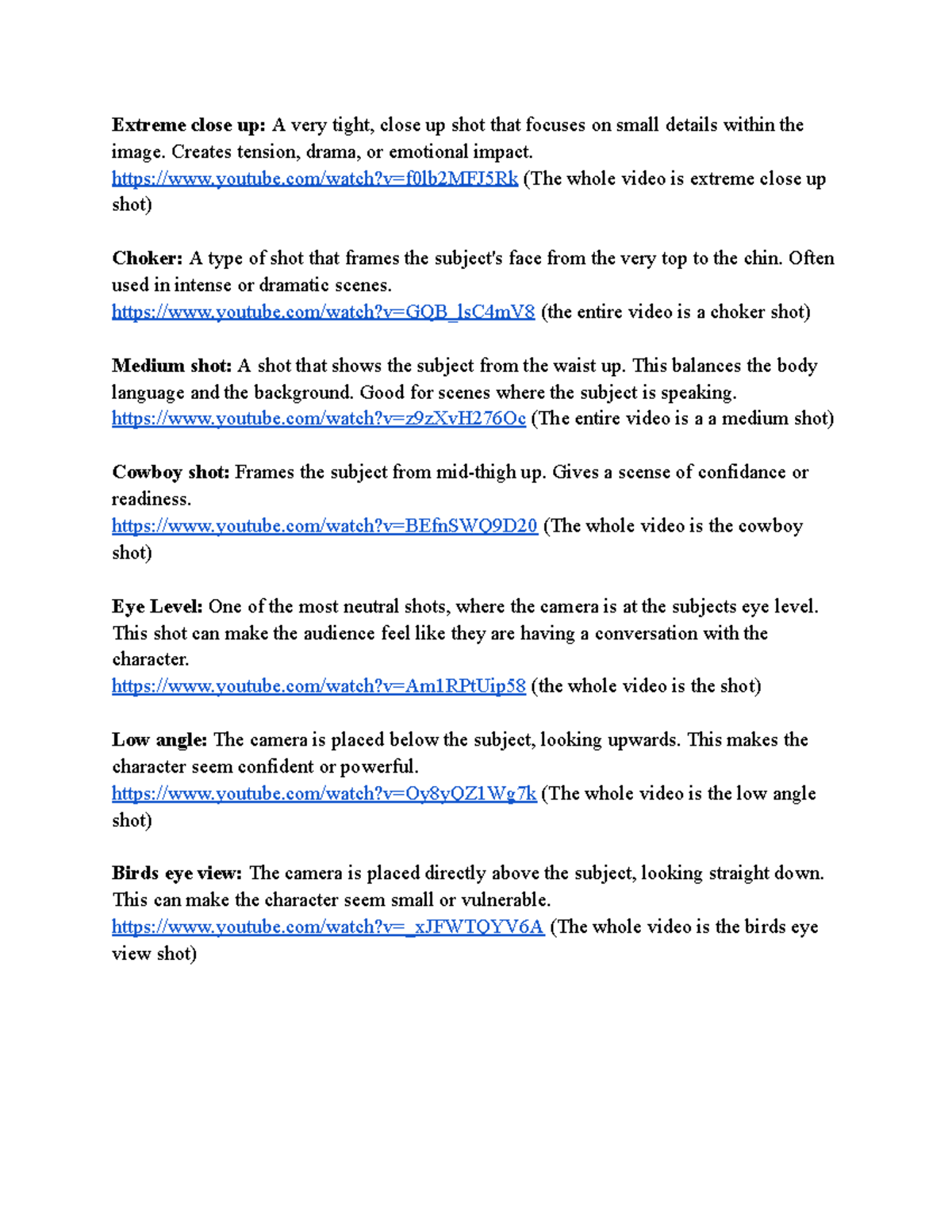 Film Studies - Camera Shot Types Explained: Extreme Close Up to Birds ...