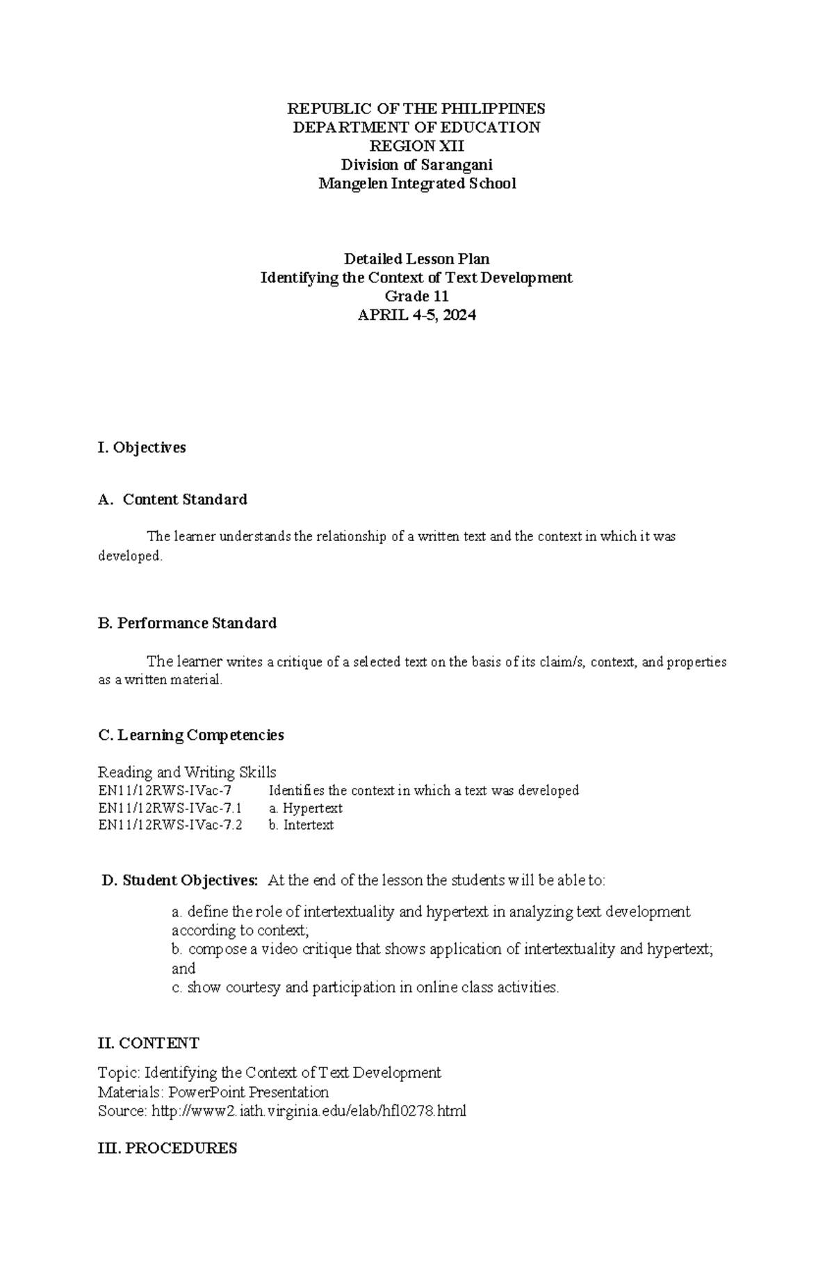 Grade 11 Detailed Lesson Plan: Identifying Context in Text Development ...