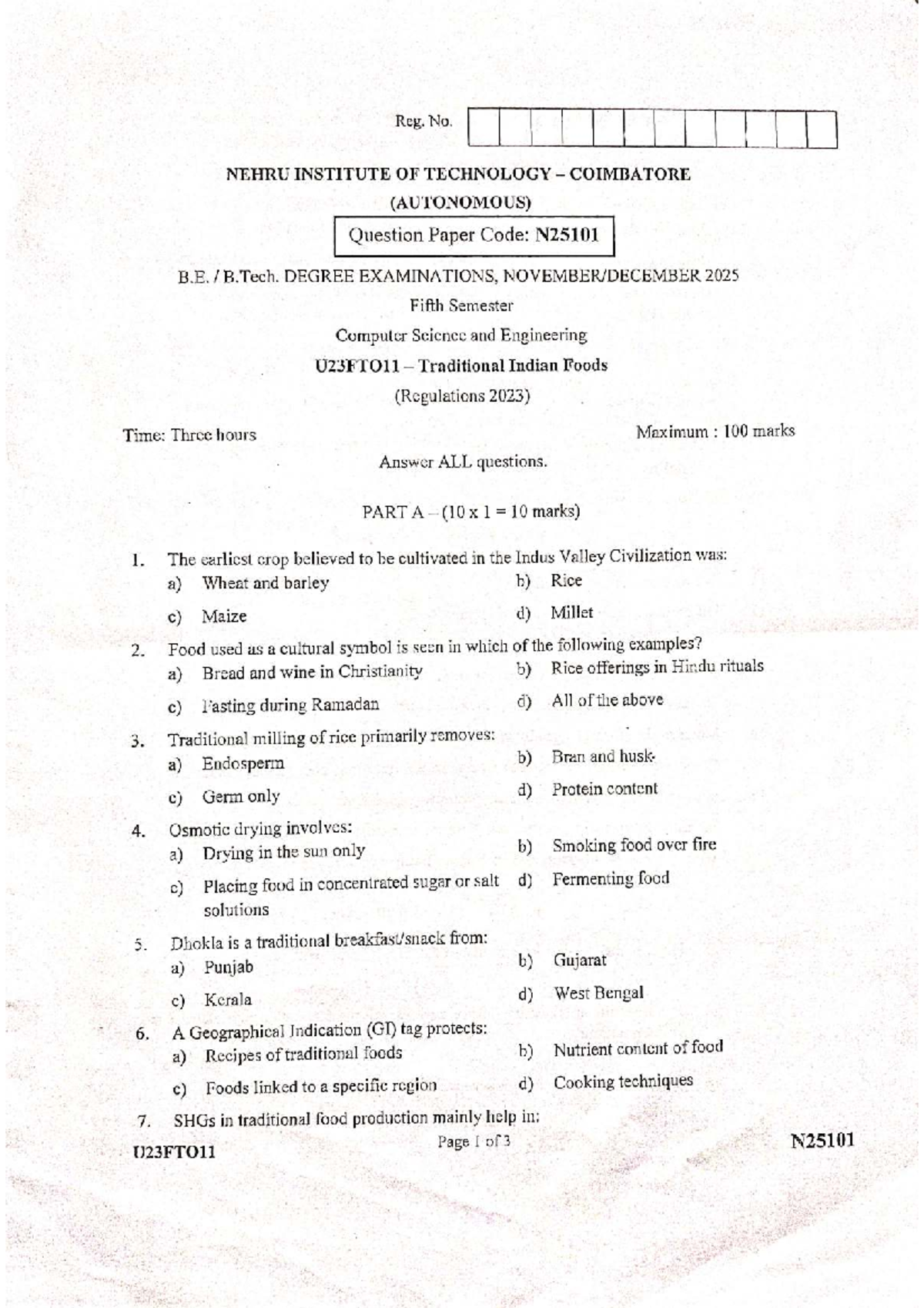 U23FTO11 - Traditional Indian Foods - Semester Question Paper (Nov-Dec ...