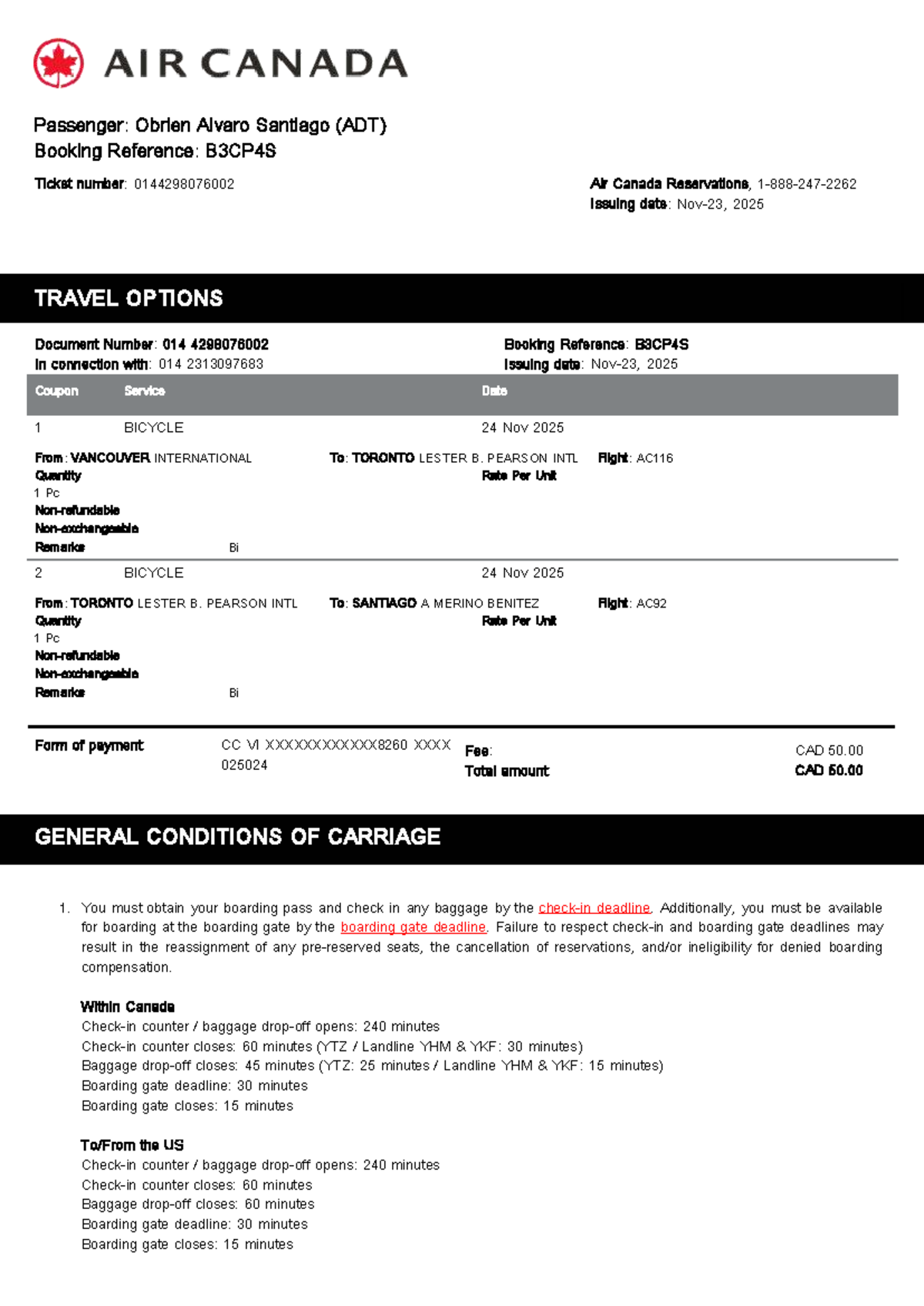 Air Canada Travel Options: Bicycle Receipt & Booking Details (ADT ...