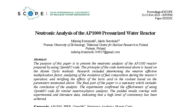 Neutronic Analysis of AP1000 PWR Using OpenMC Code - SCOPE Nov. 2023 ...