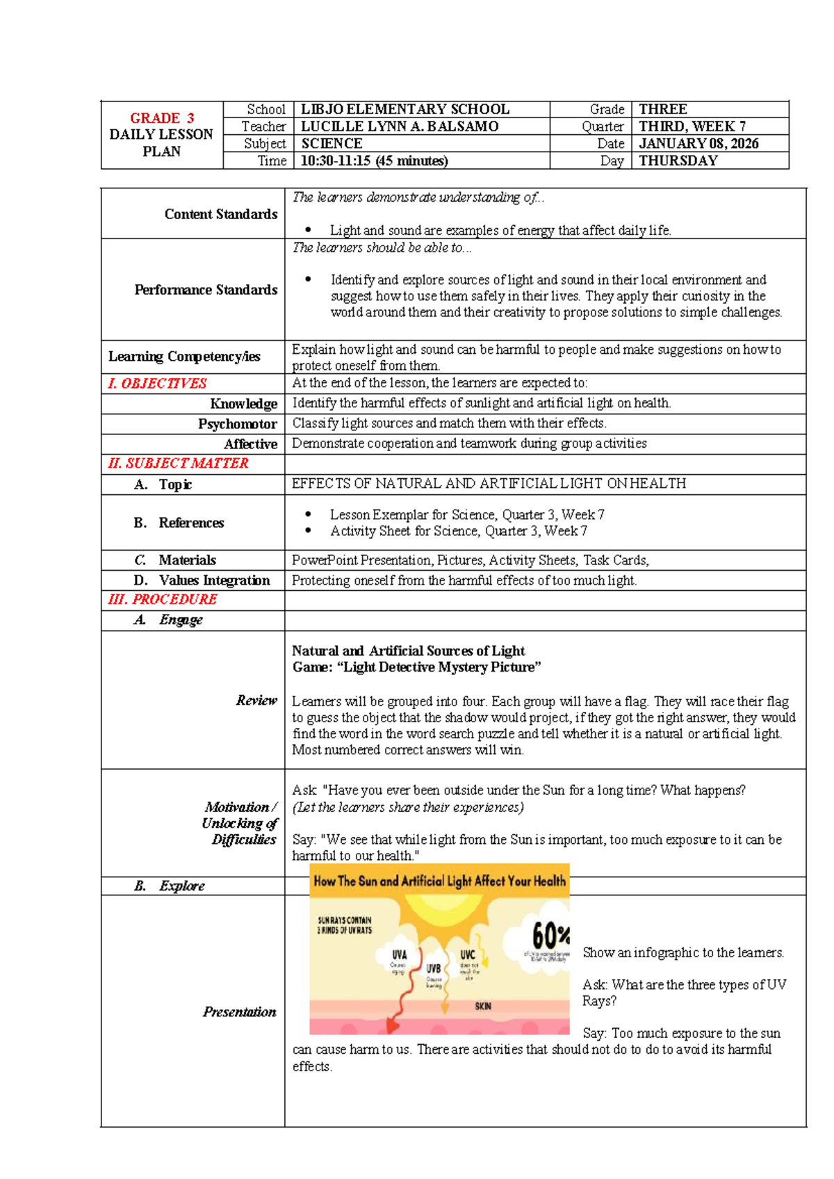 Lesson Plan - SCIENCE 3 - 3rd Quarter, Week 7: Light & Sound Effects ...