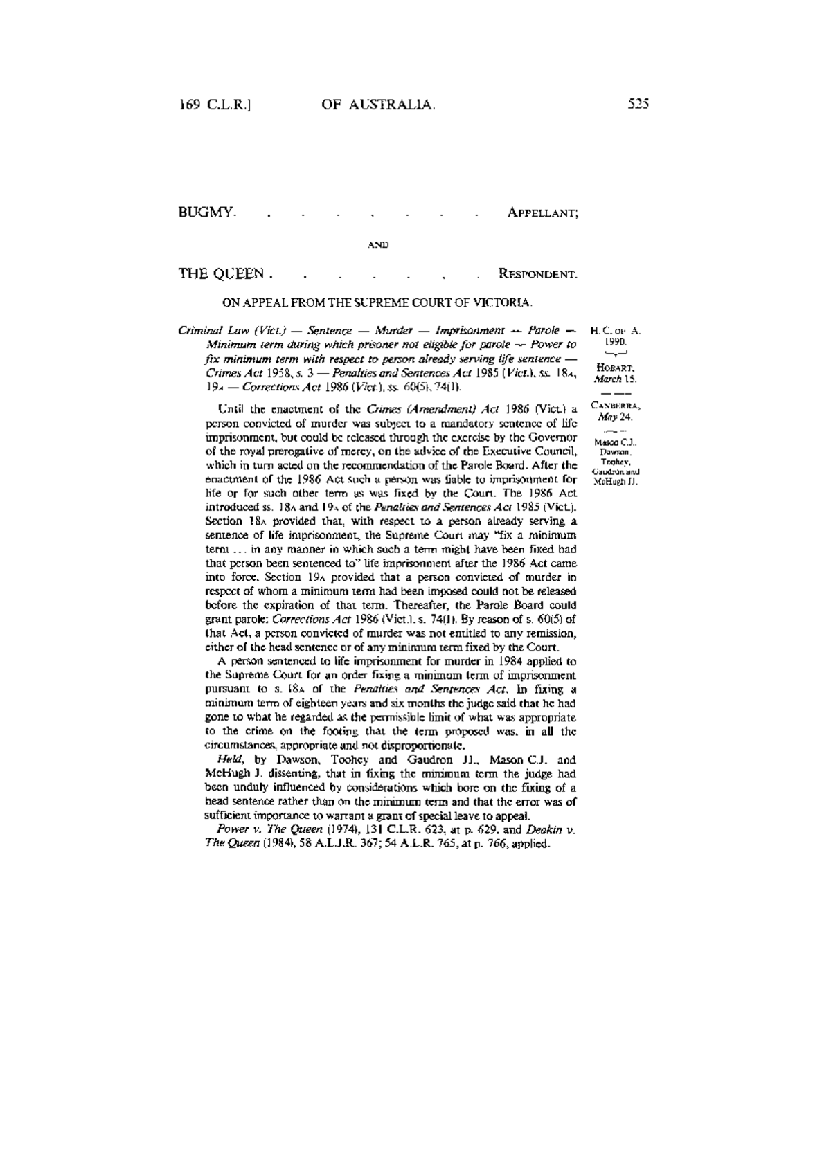 Bugmy v. The Queen (1990) 169 CLR 525: High Court Appeal on Minimum ...