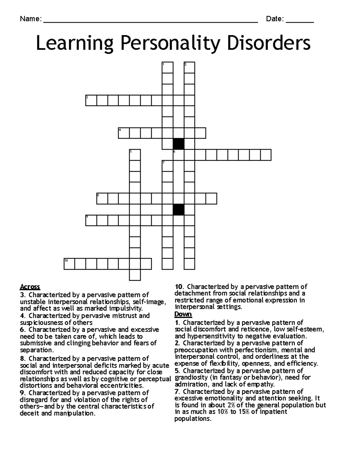 Learning Personality Disorders Word Search - Name: - Studocu